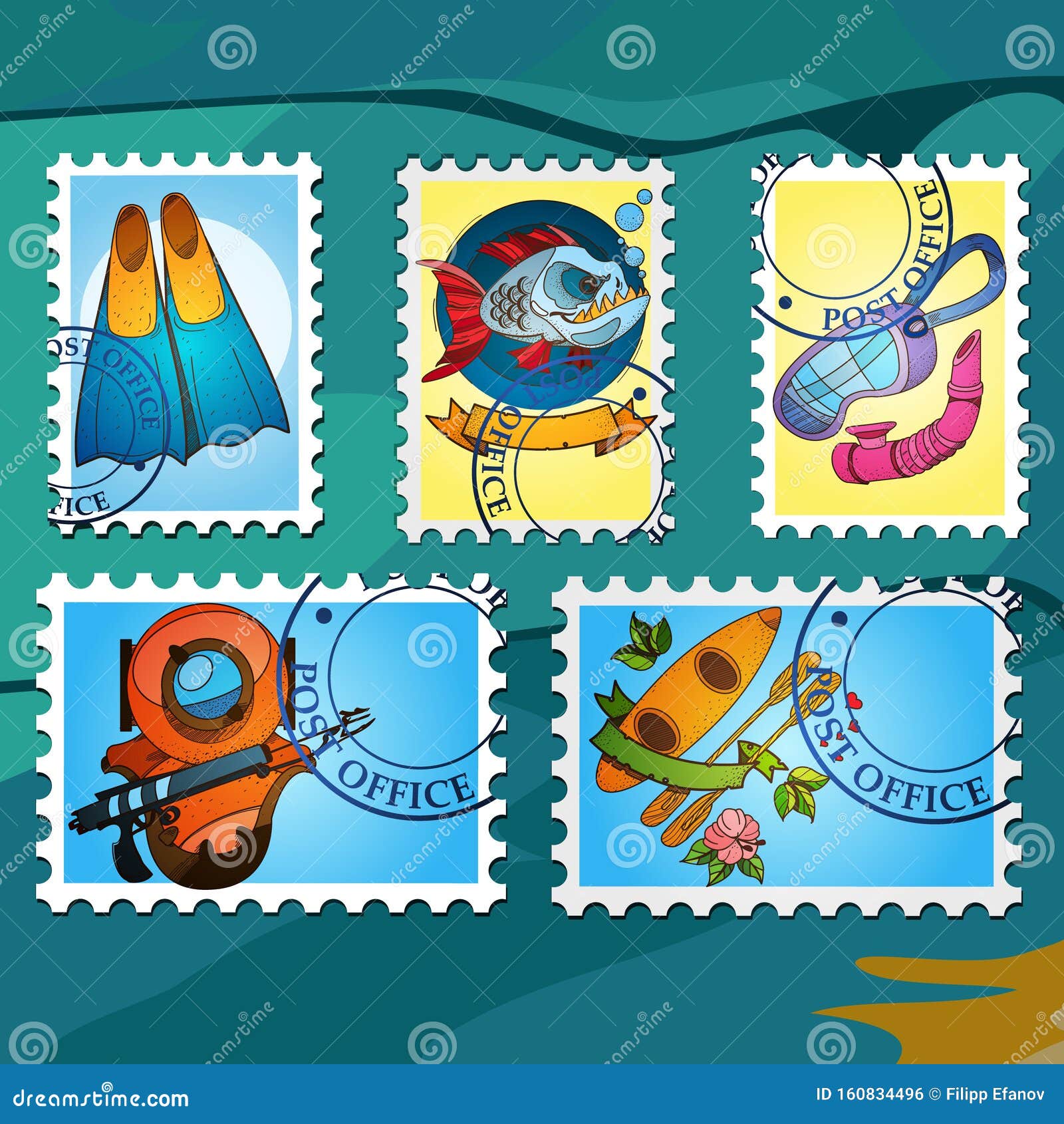 A Set of Illustrations Stylized for Postage Stamps on the Topic of ...