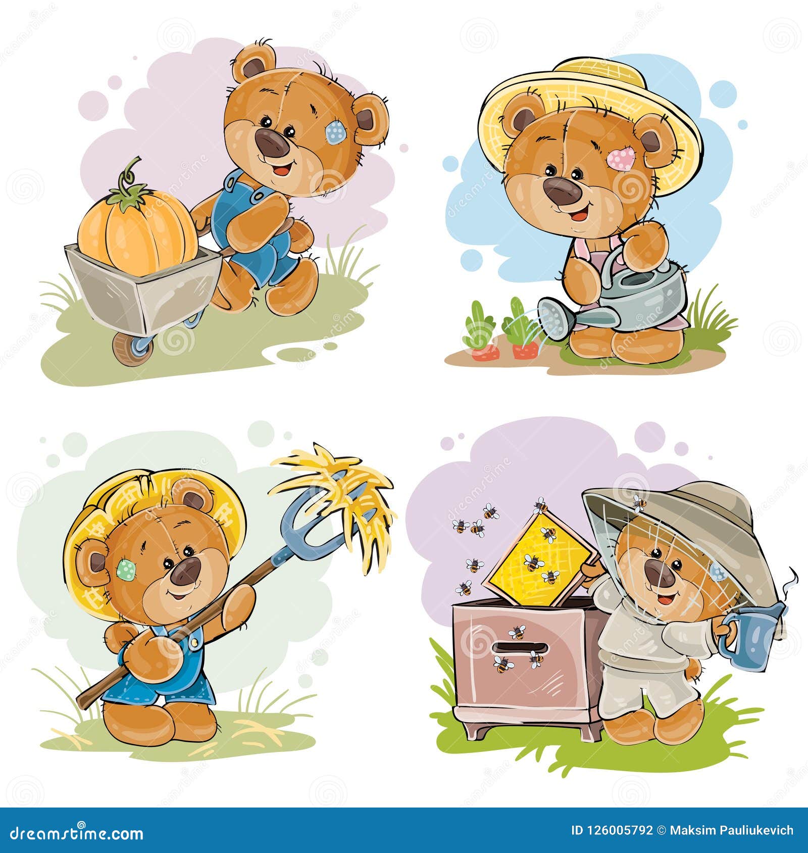 Set Of Illustrations Of Teddy Bears Tractor Driver, Beekeeper, Farmer ...