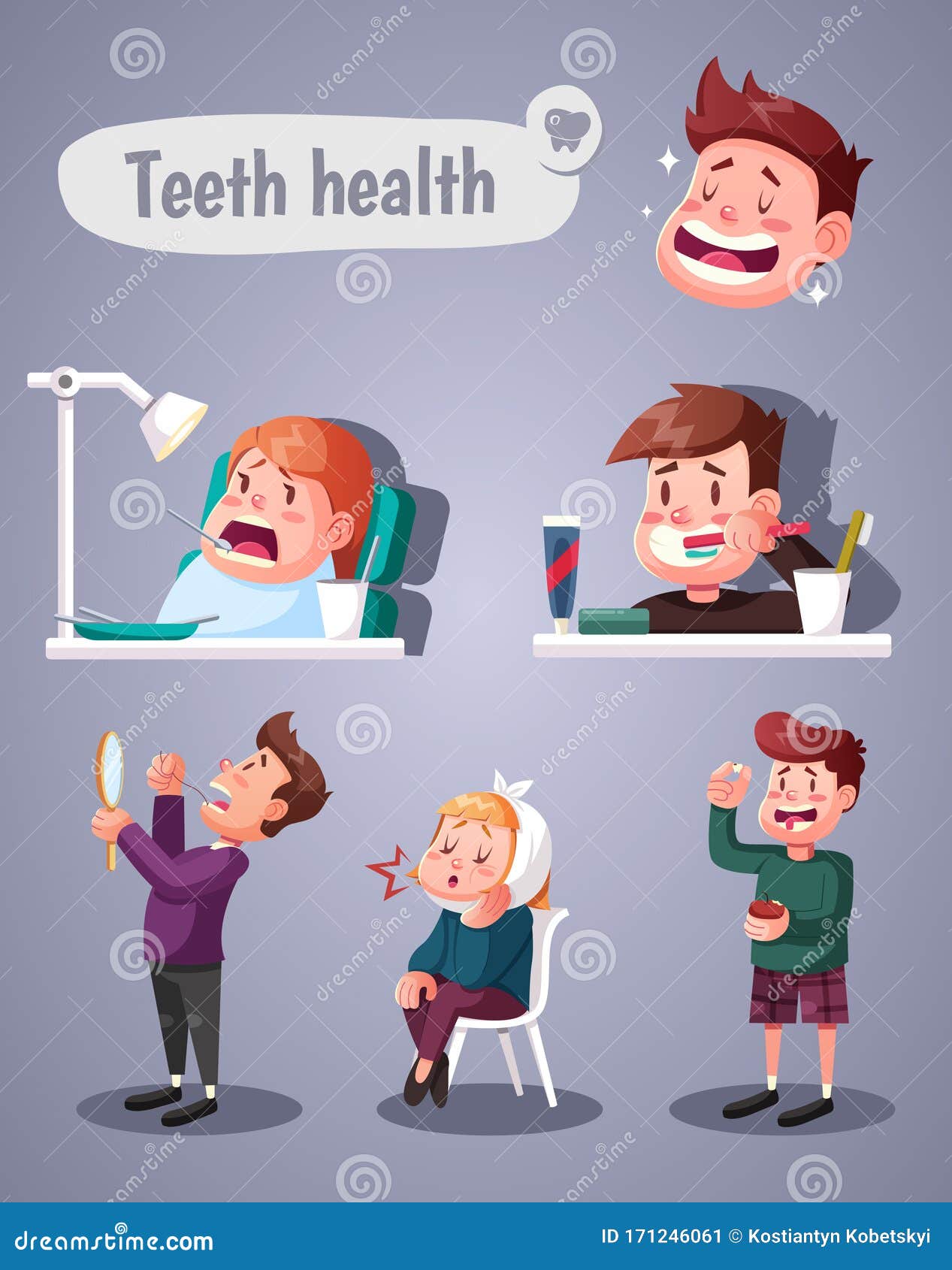 Set of Illustrations about Teeth Health, Cartoon Style Vector Stock ...