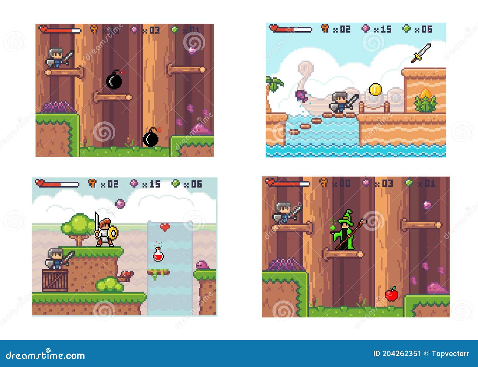 Set of Illustrations on the Theme of the Pixel Game. Knight in Armor ...