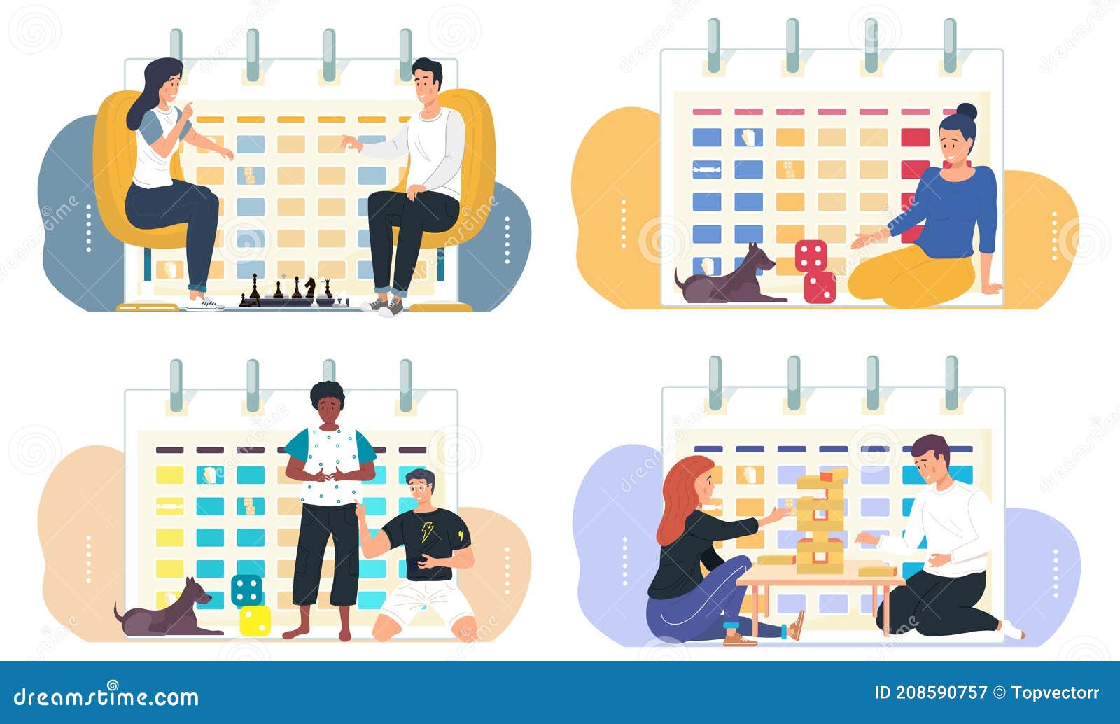 A Set of Illustrations on the Theme of Playing Board Game. Timetable or ...