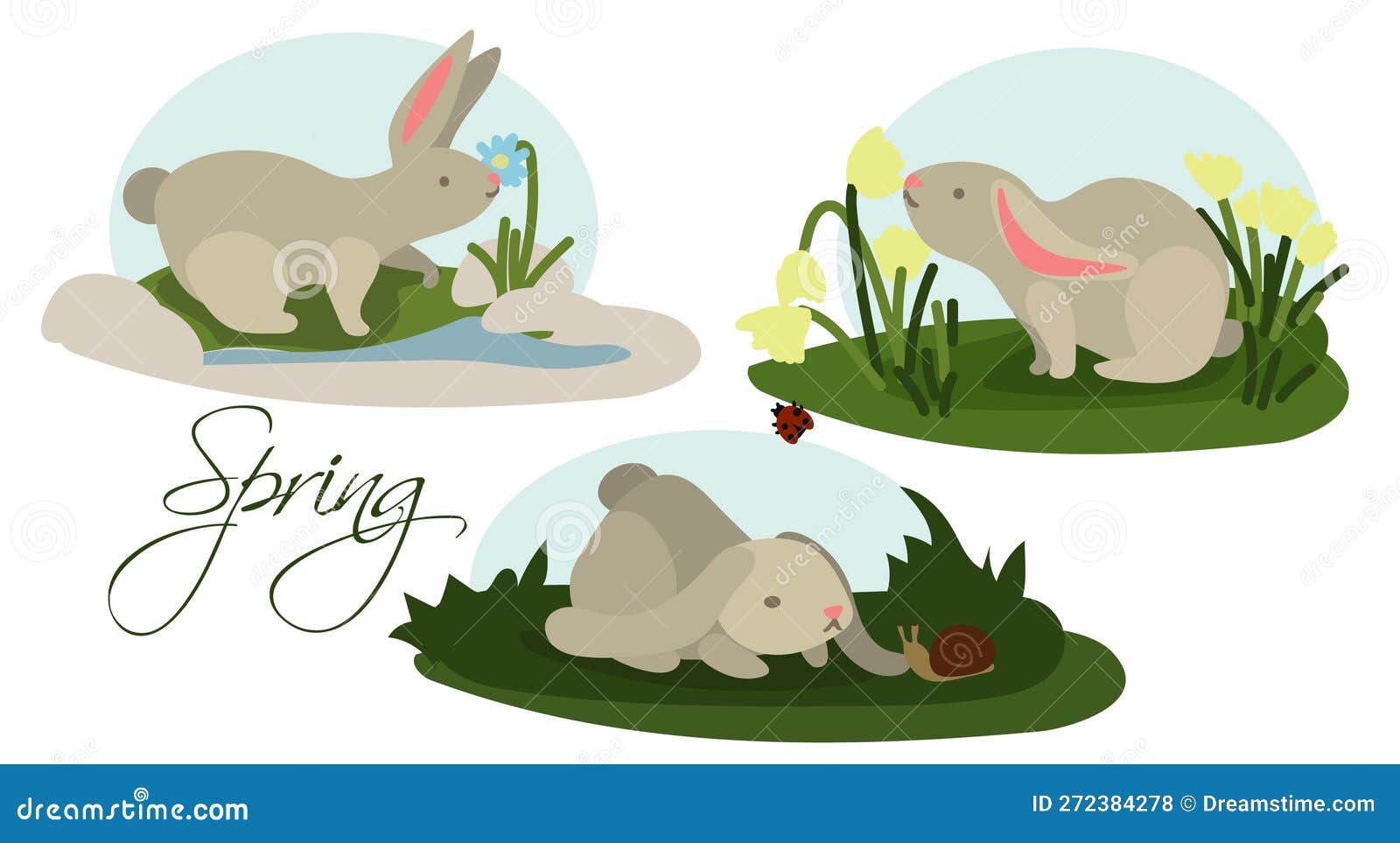 A Set of Illustrations for the Three Months of Spring with Rabbits in ...
