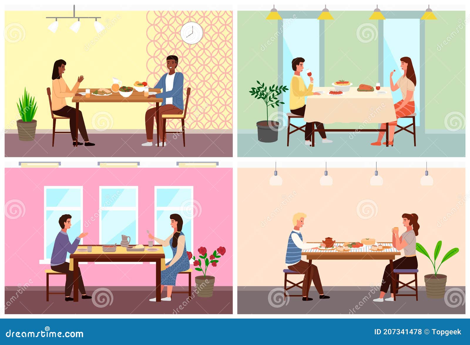 Set of Illustrations on the Topic of Couple Dine on Traditional Dishes ...