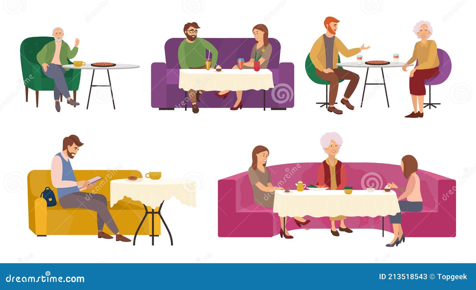 Set of Illustrations on the Topic of Joint Dinner with Food. People ...