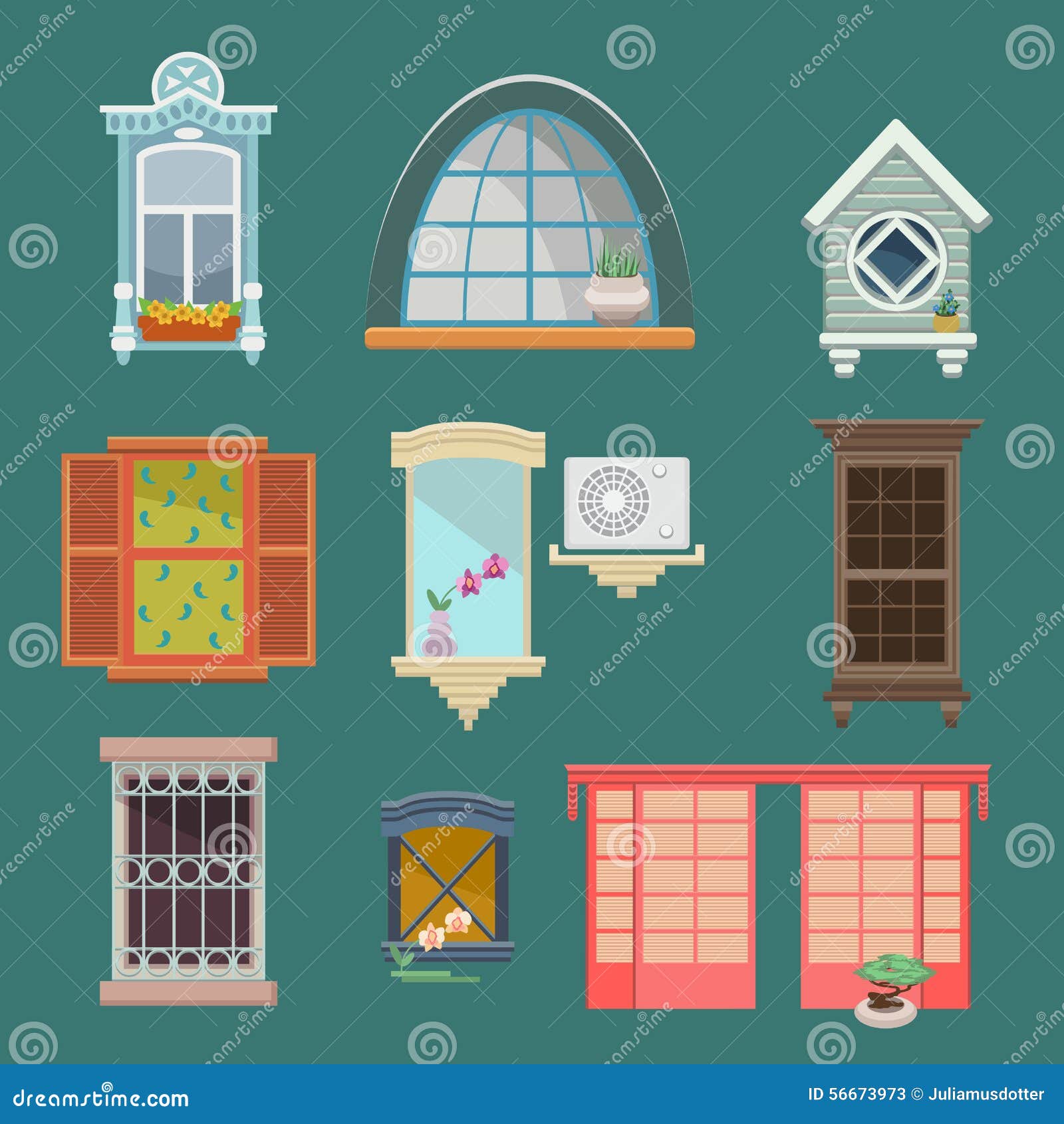 Set of Illustrations with a Vintage Windows Stock Vector - Illustration ...