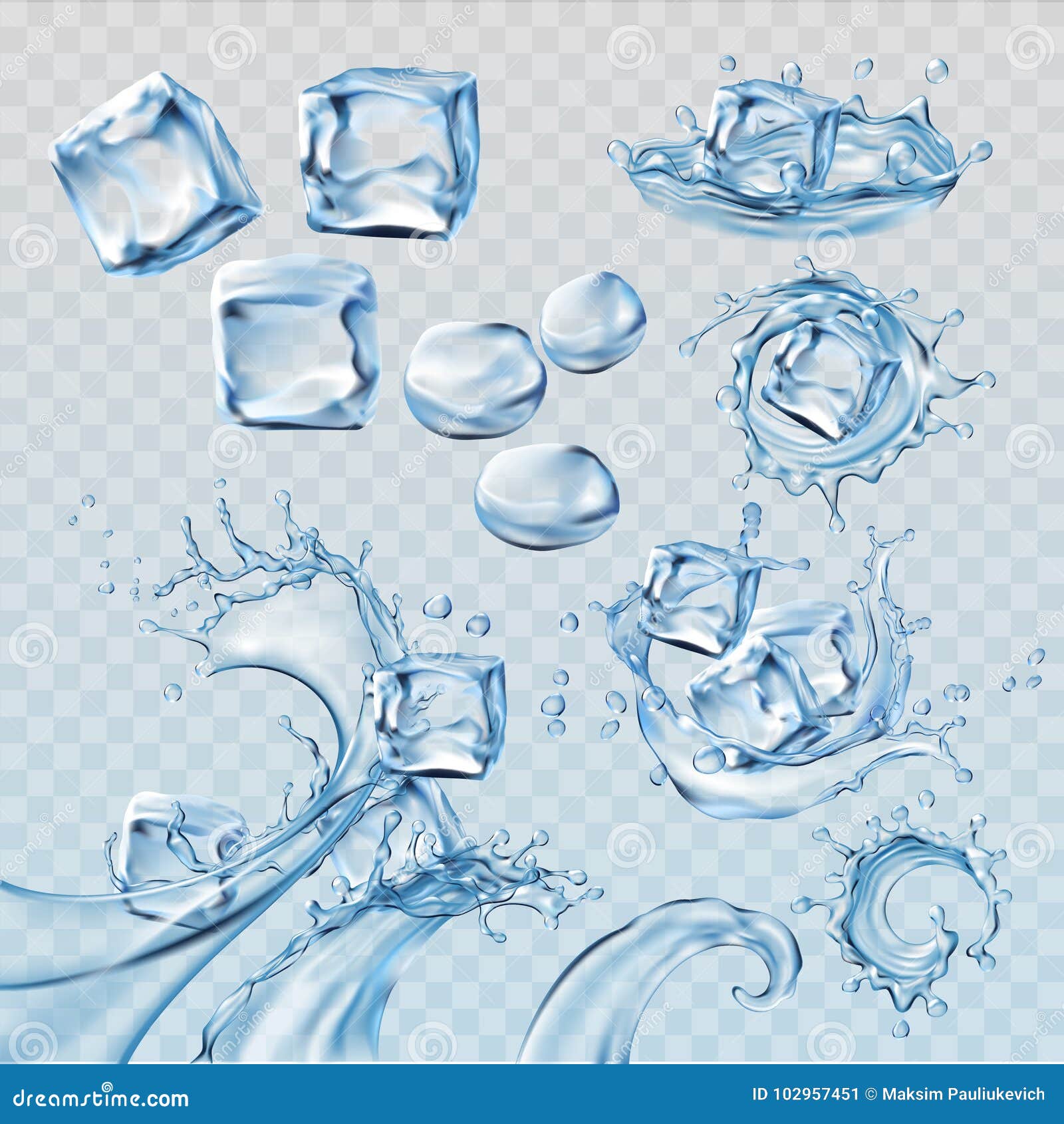 Set Illustrations Water Splashes and Flows with Ice Cubes Stock ...