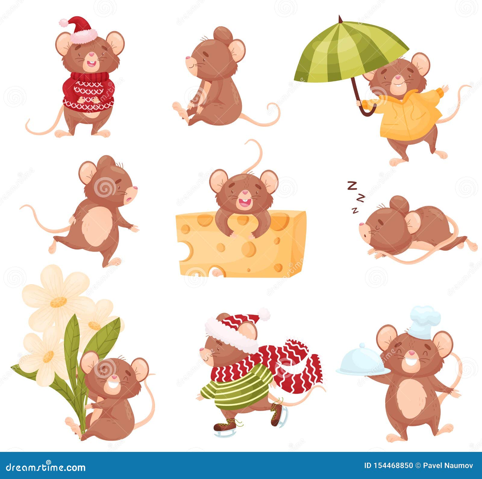 Set Of Images Of Cute Humanized Mice. Vector Illustration On White ...