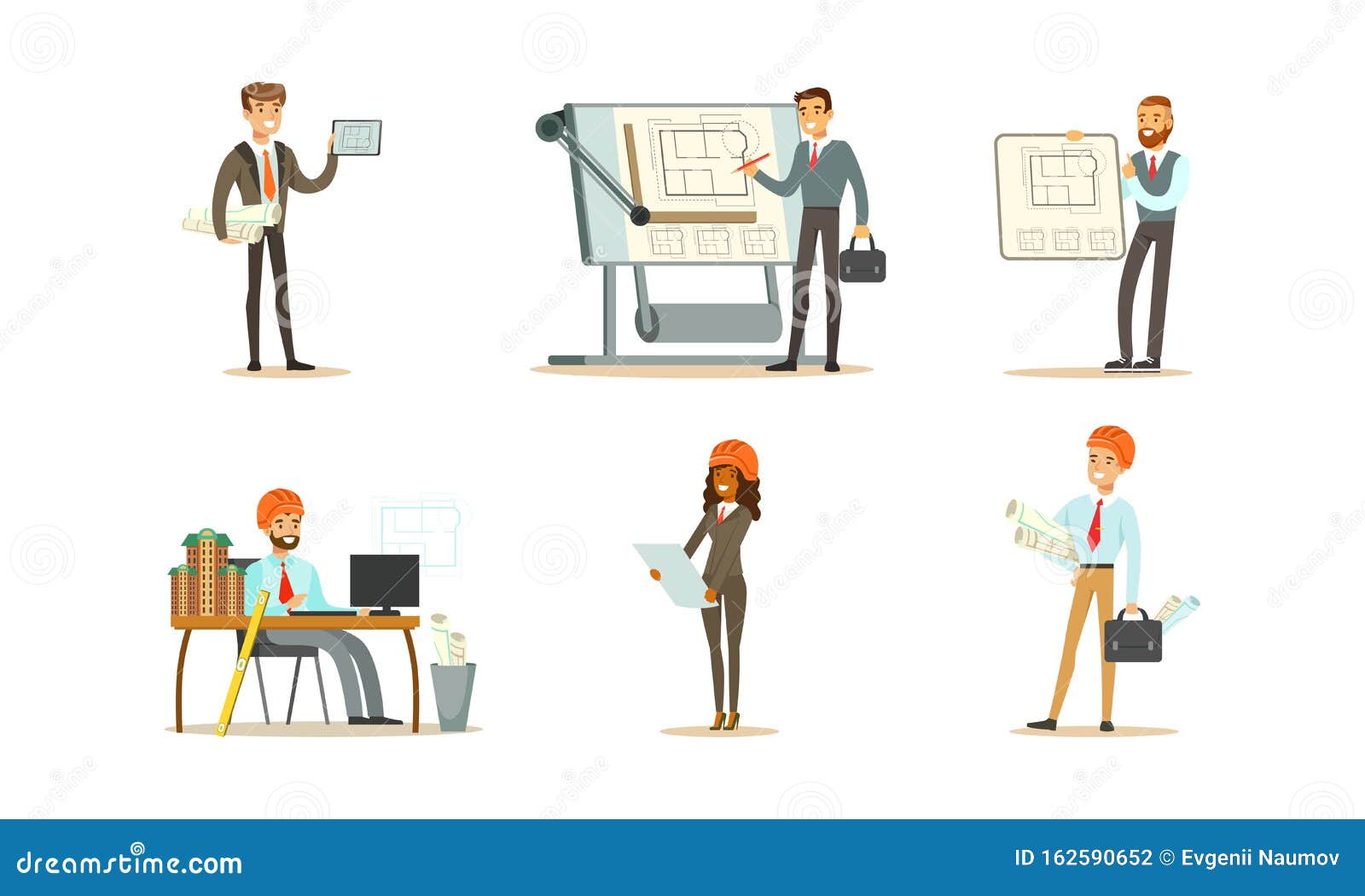 Set of Images of an Engineer at Work. Vector Illustration. Stock Vector ...