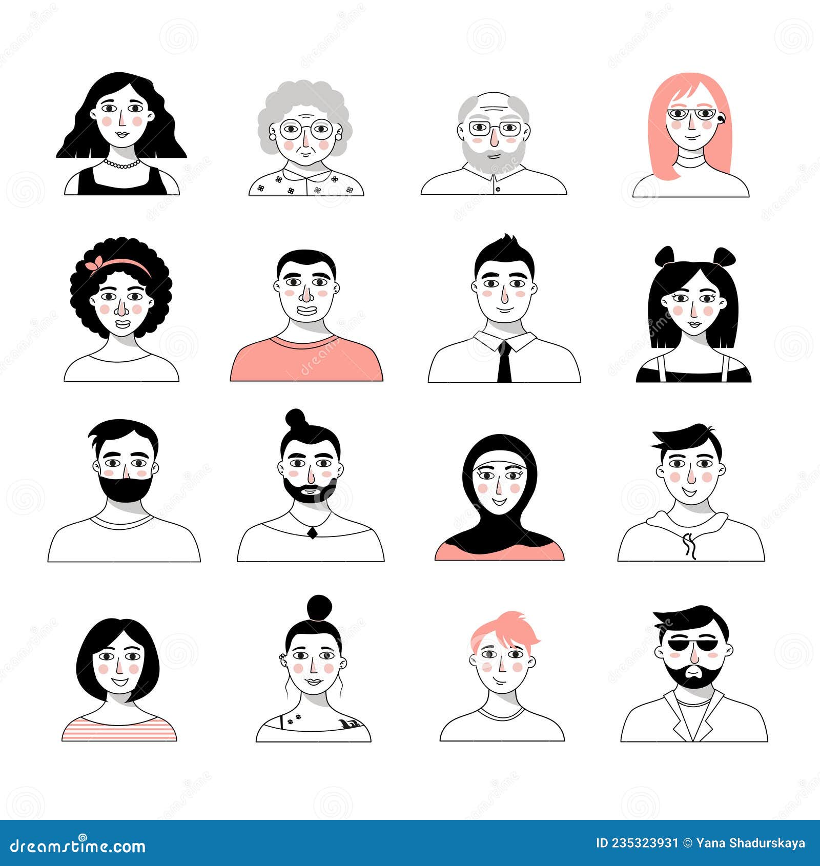 A Set of Images of Faces of Stylized Modern People of Different Nations ...