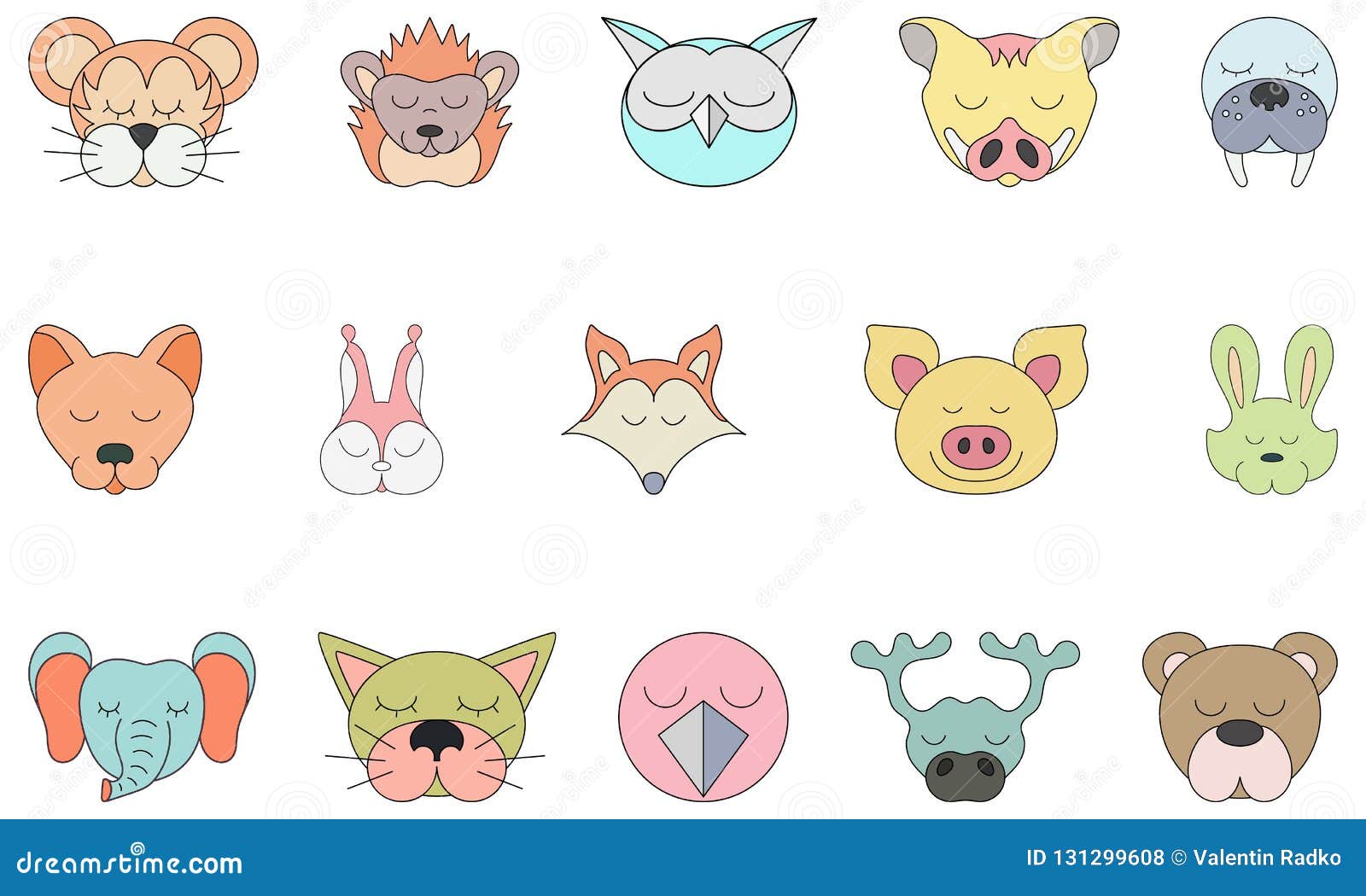 A Set of Images of Wild Animal Faces. Isolated on White Background ...