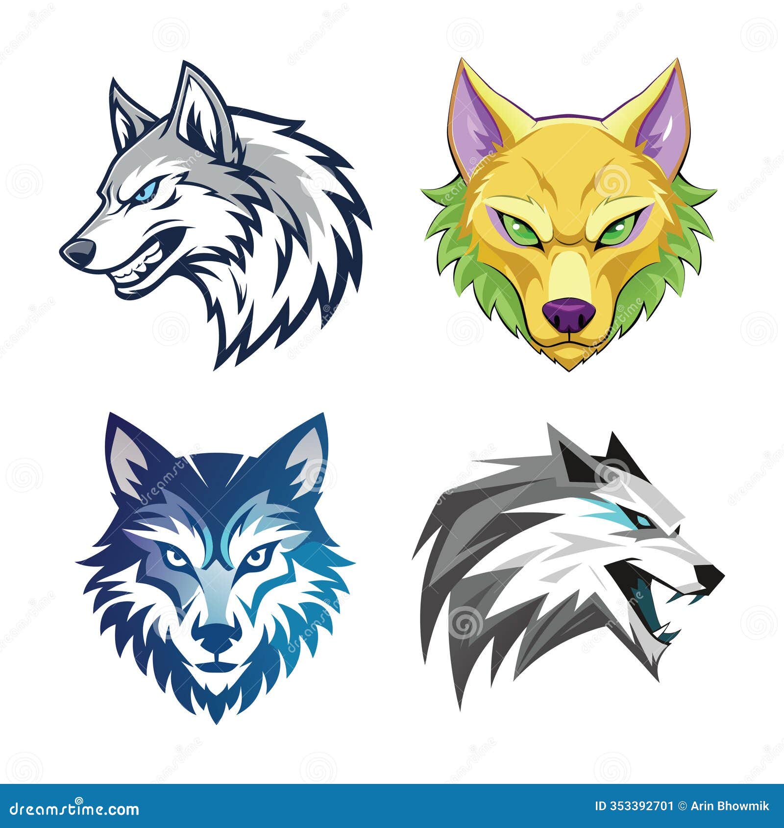 Stylized Wolf Head Vector Illustrations – 4 Unique Designs for Logos ...