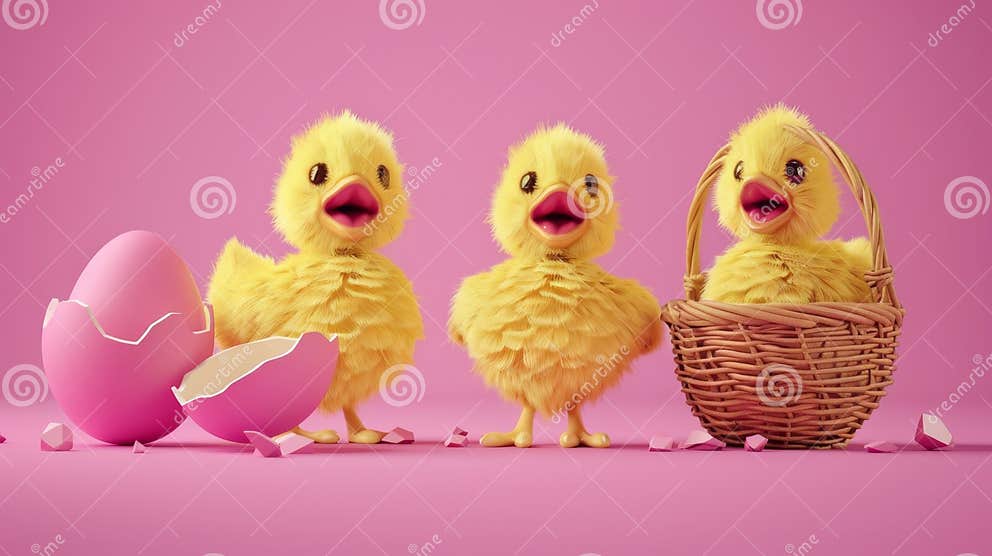 The Set Includes a Variety of 3D Easter Chicks on Pink Background. Some ...