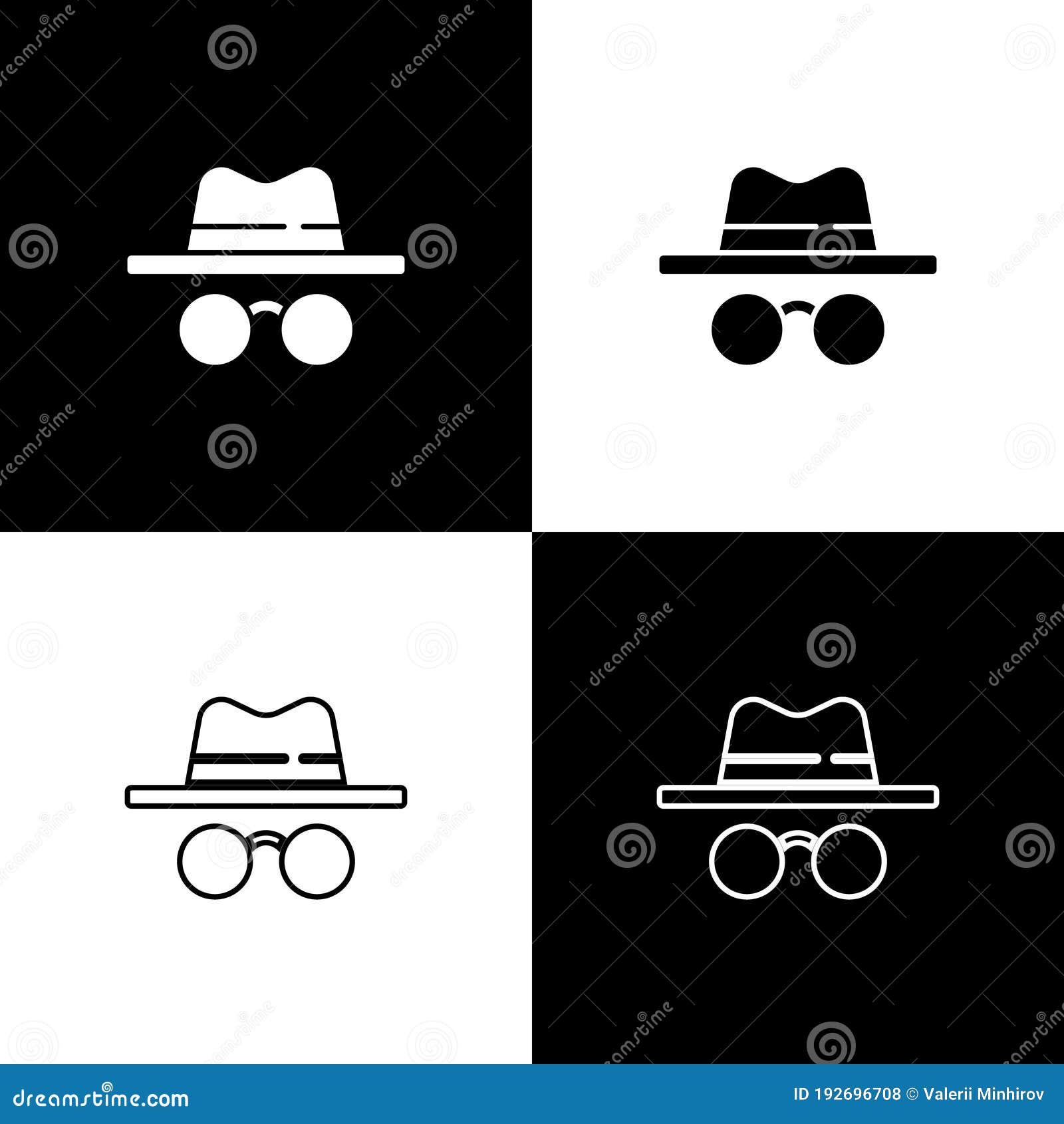 Set Incognito Mode Icon Isolated on Black and White Background. Vector ...