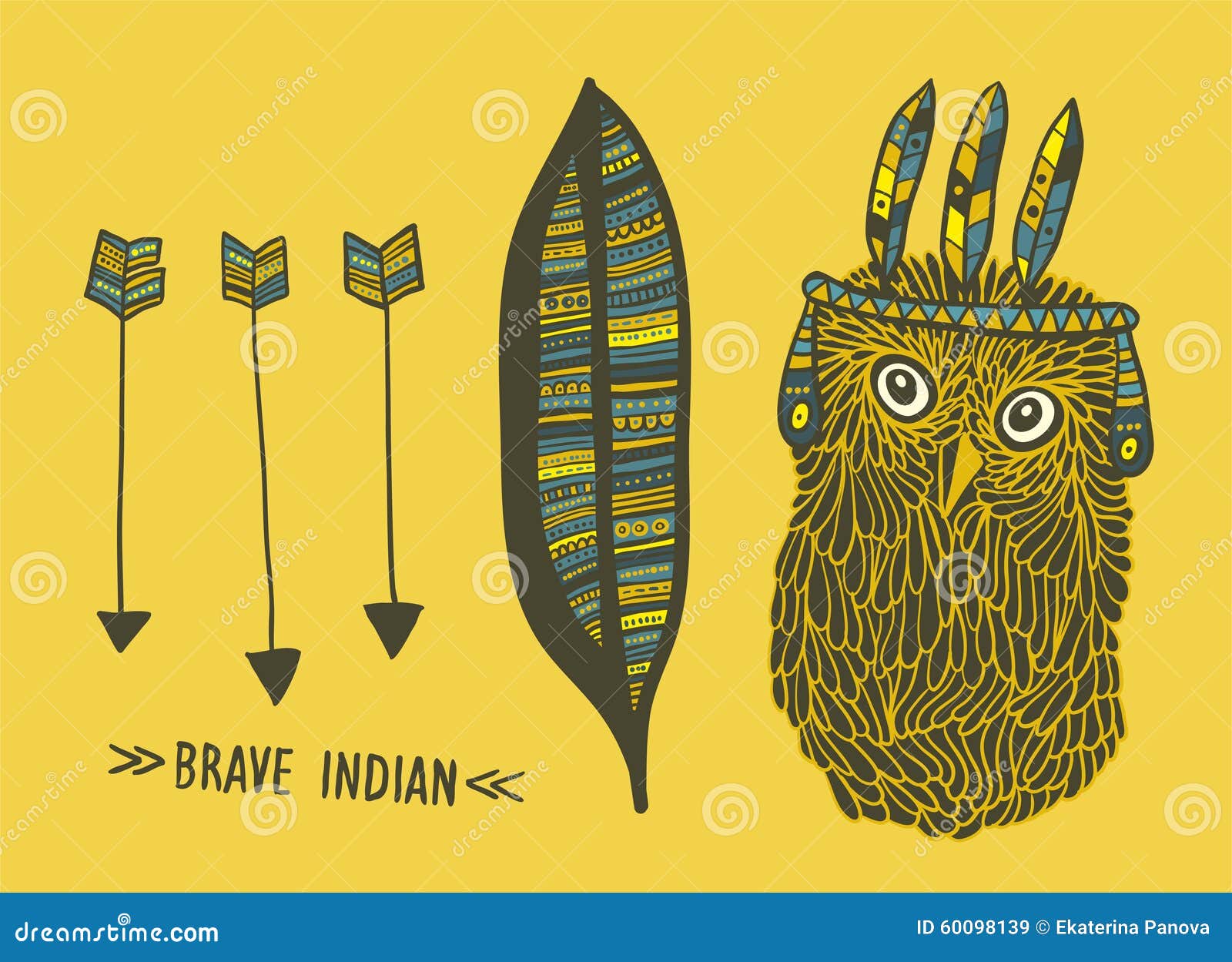 Set of Indian Things with Cute Hand Drawn Owl Stock Vector ...