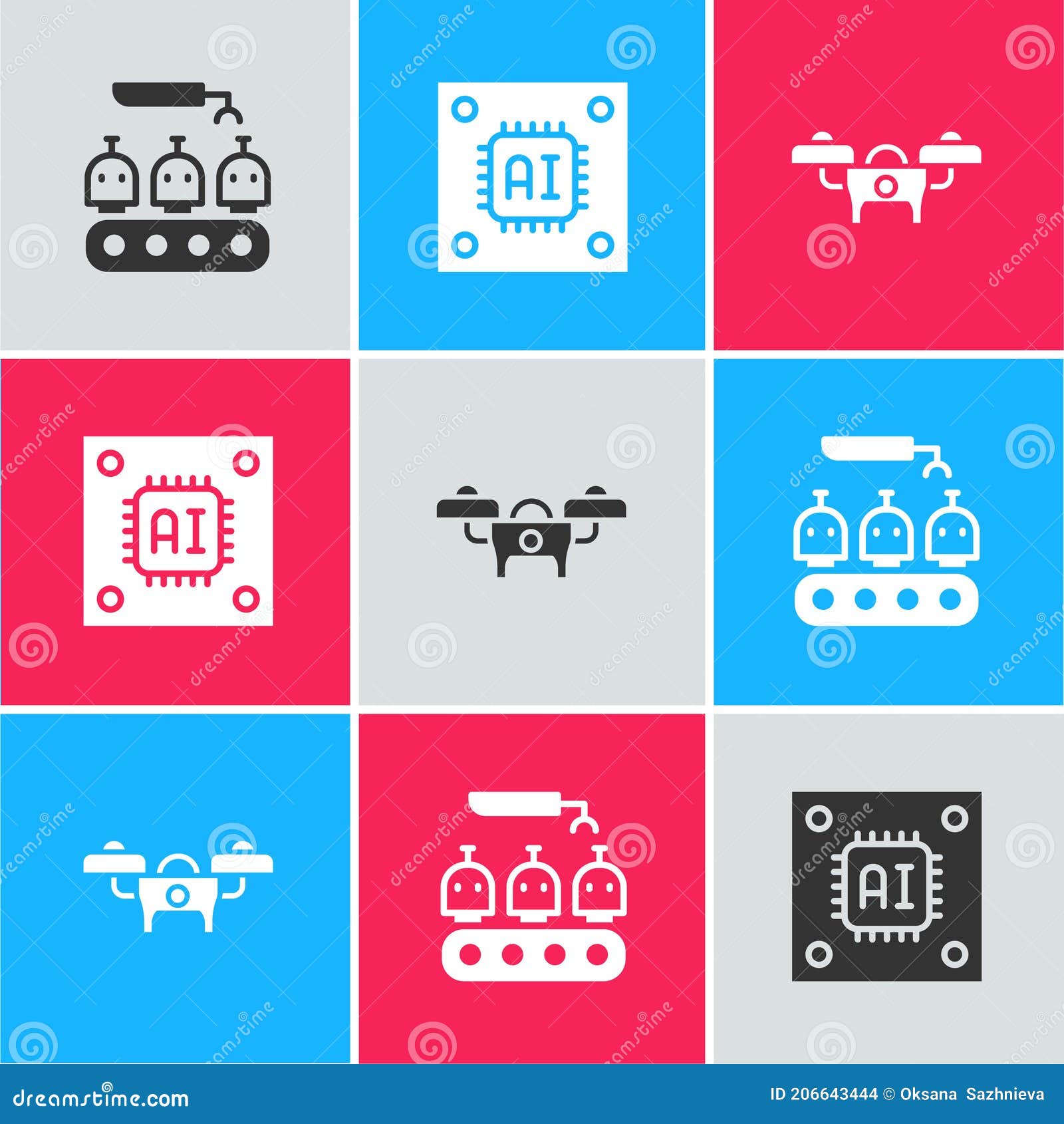 Set Industrial Production of Robots, Processor with Microcircuits CPU and Drone Icon. Vector ...