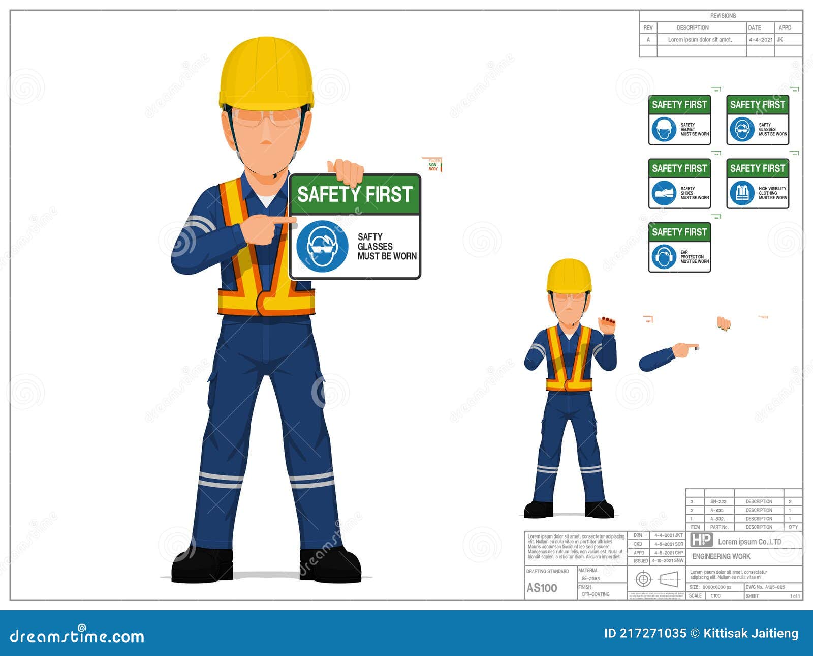 Set of Industrial Worker is Presenting Safety Sign on White Background ...