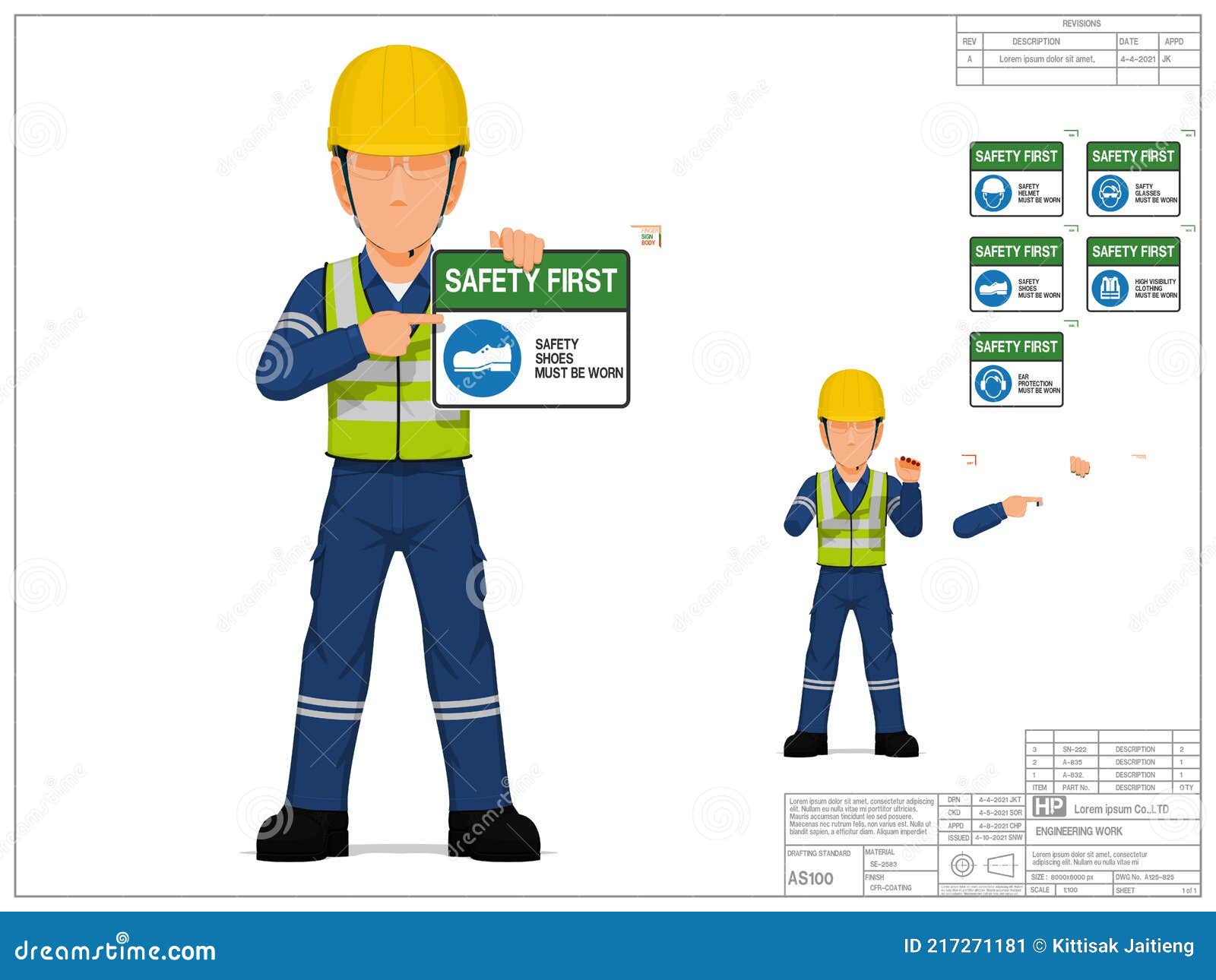 Set of Industrial Worker is Presenting Safety Sign on White Background ...
