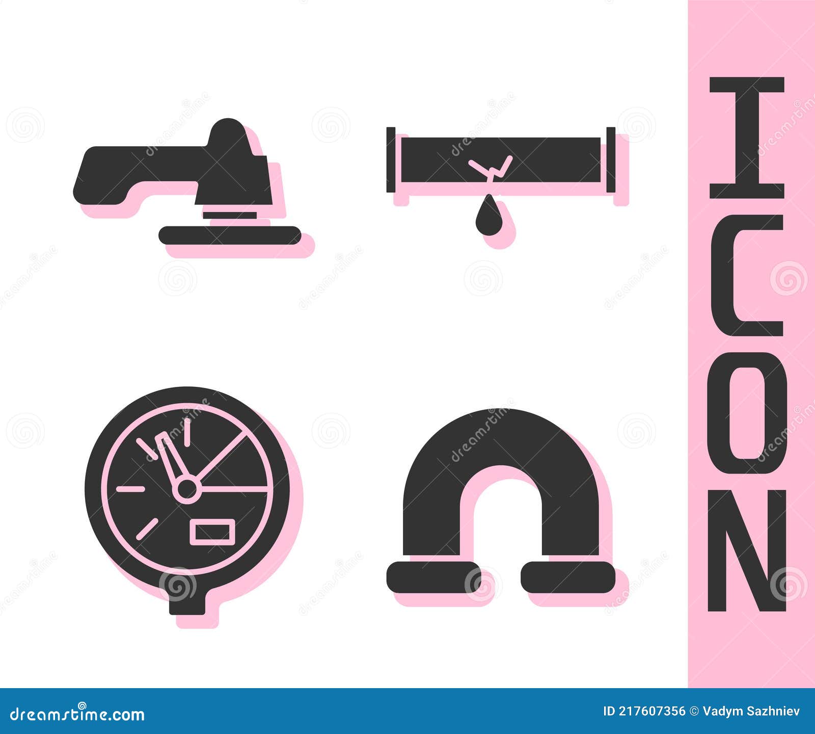 Set Industry Metallic Pipe, Water Tap, Water Meter and Broken Pipe with ...