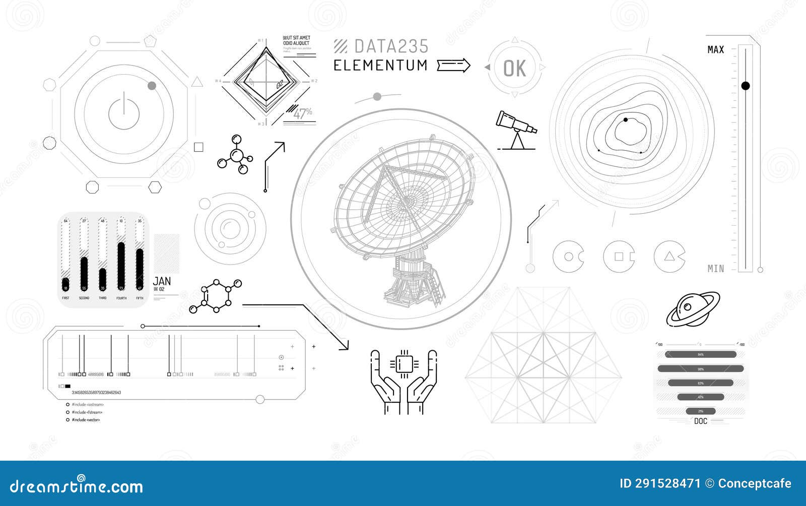 Set of Infographic Elements about Radio Astronomy and Space Observation ...