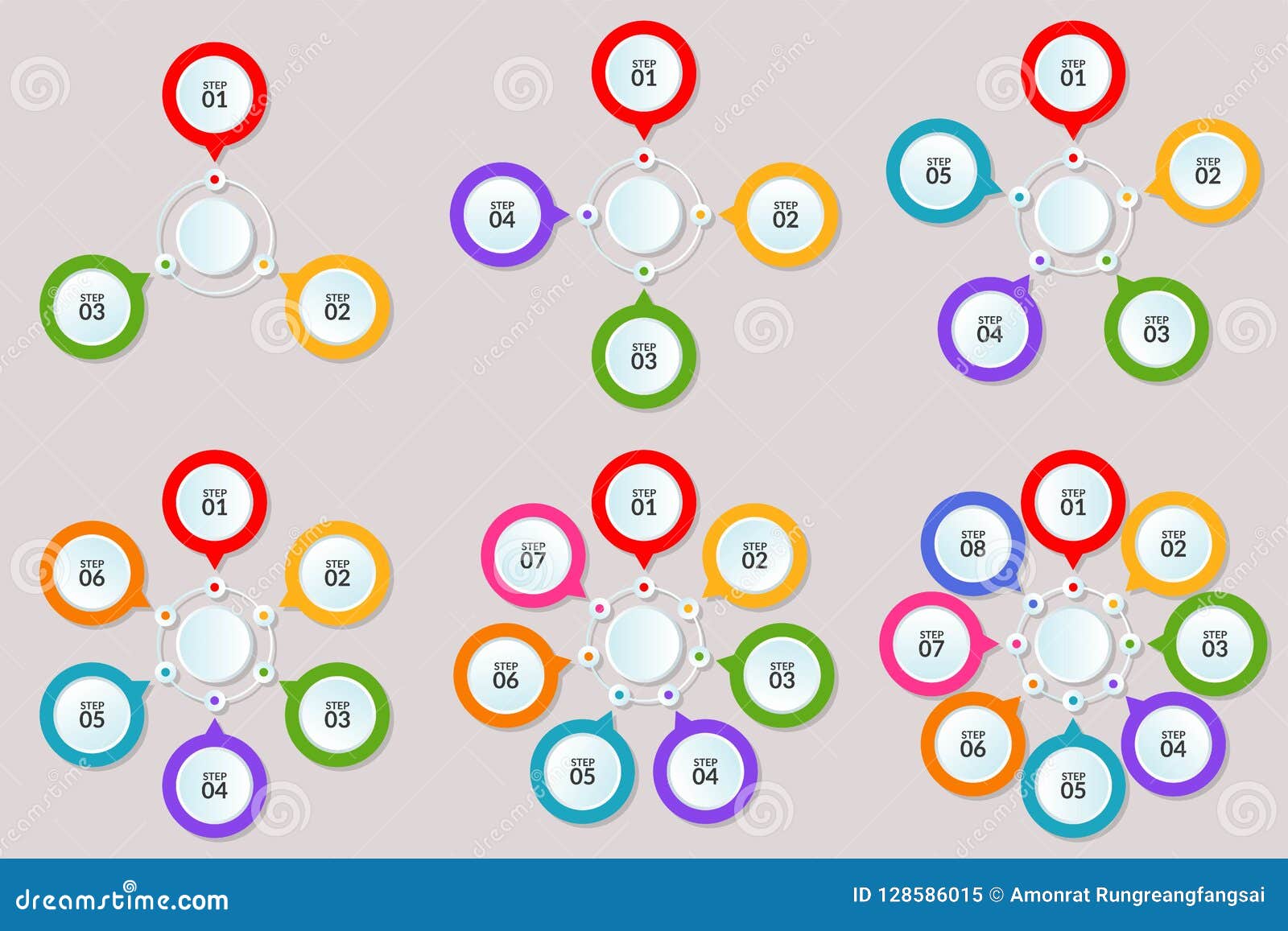 Set of Infographic Template of Step or Workflow Diagram 3-8 Step Stock ...