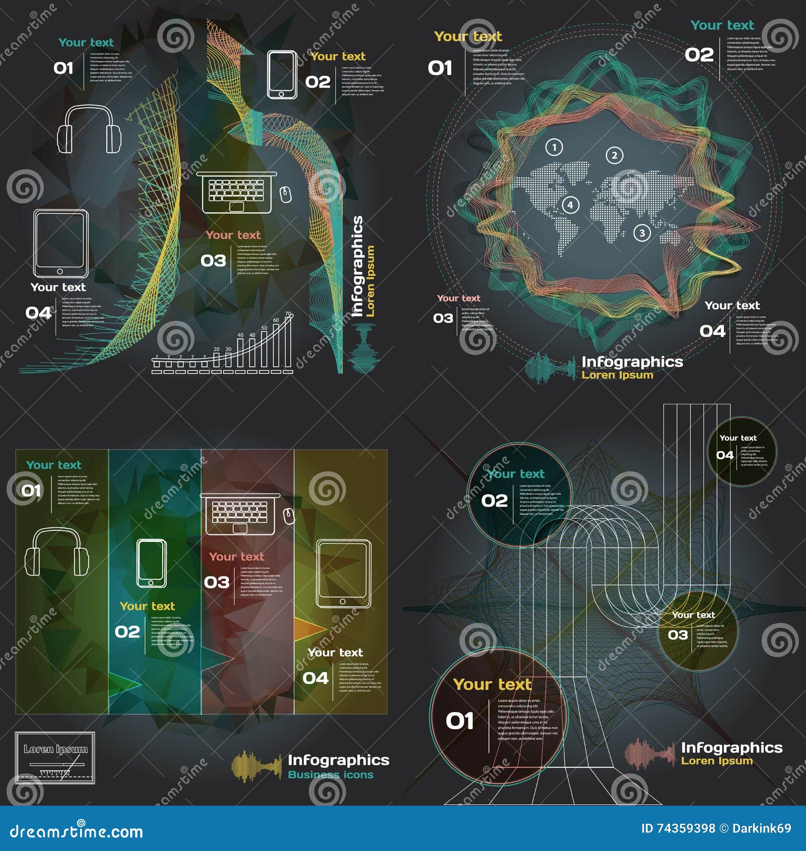 Set Infographics with Sound Waves on a Dark Background Stock Vector ...