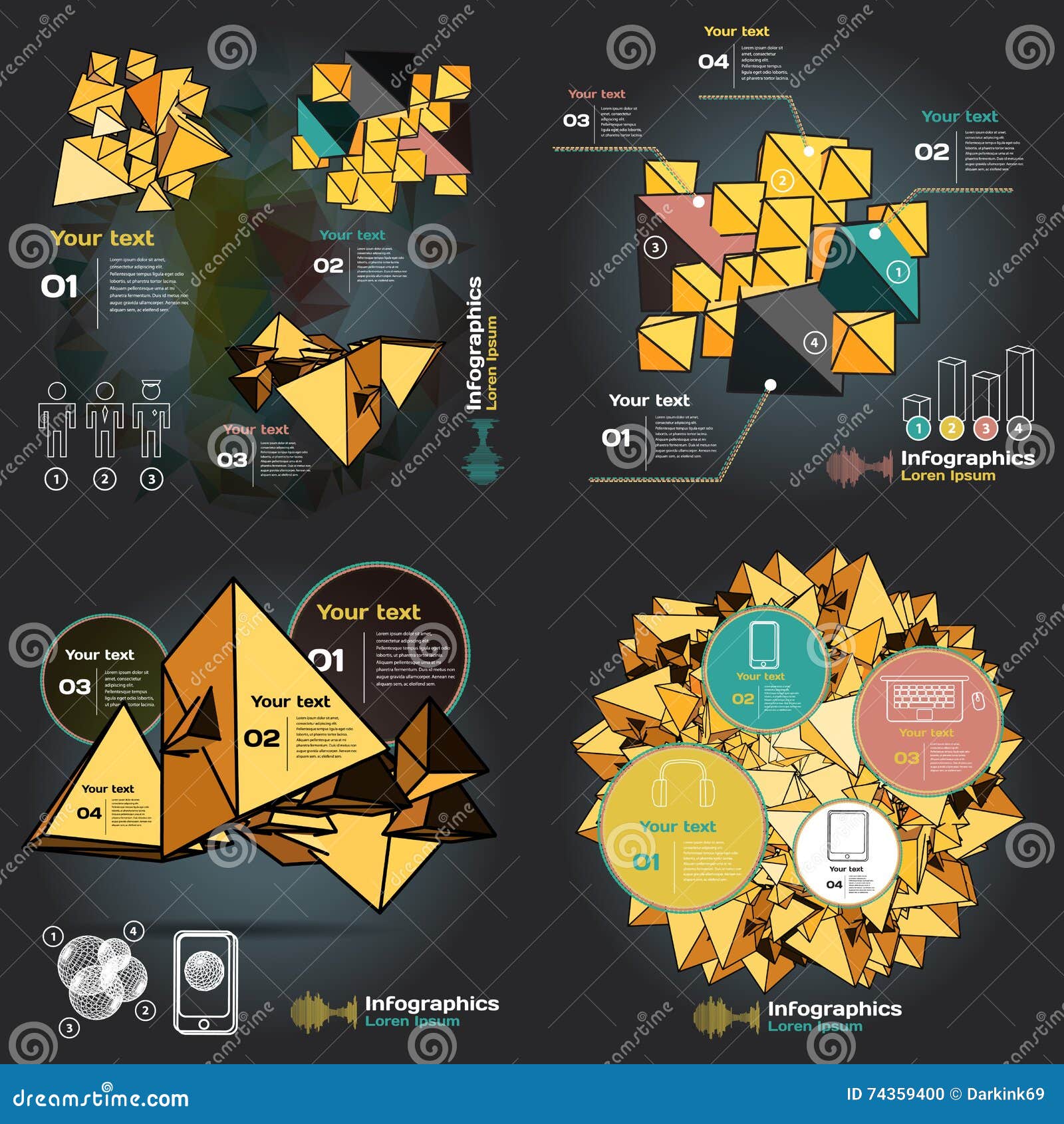 Set Infographics with Sound Waves on a Dark Background Stock Vector ...