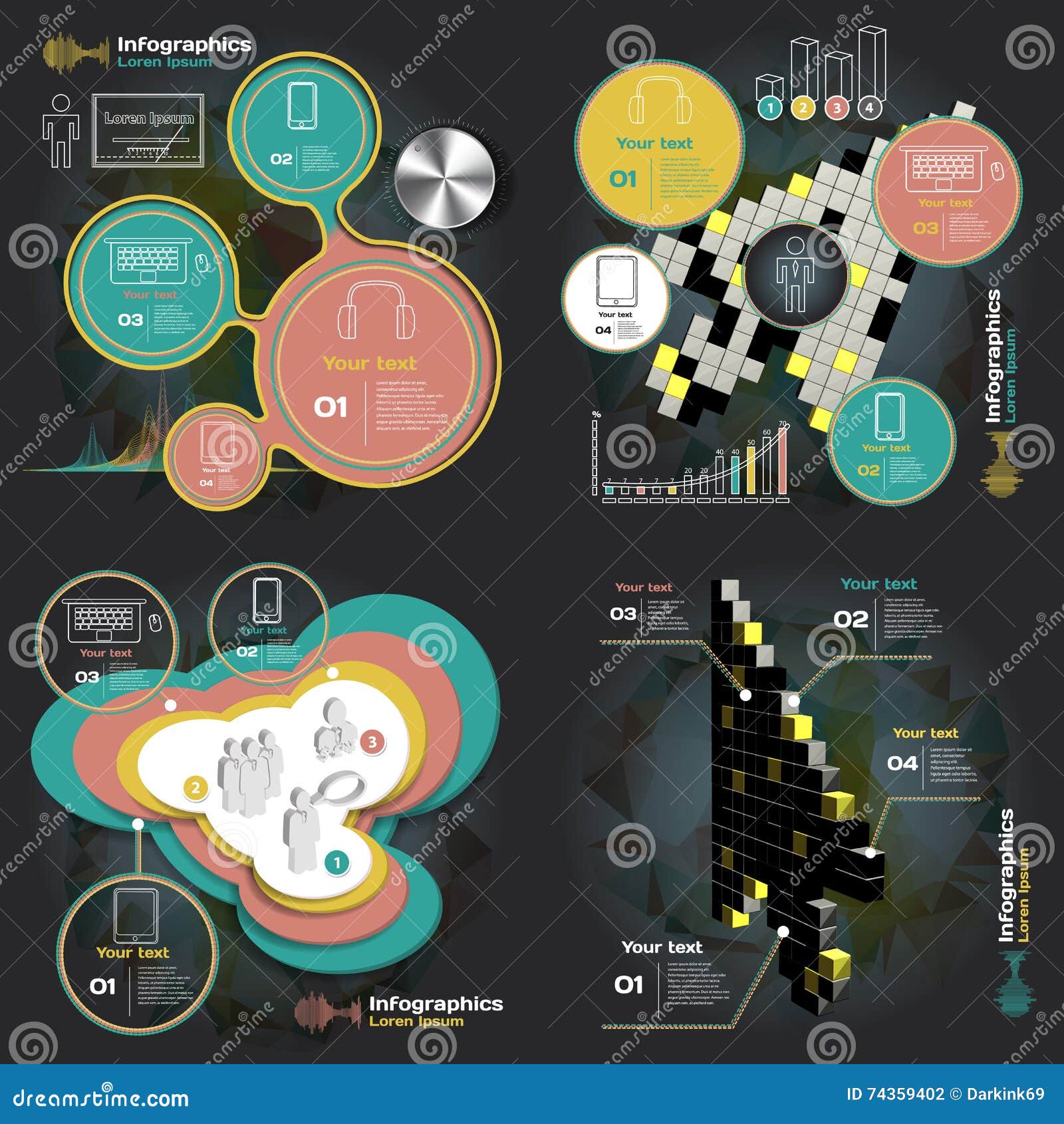 Set Infographics with Sound Waves on a Dark Background Stock Vector ...
