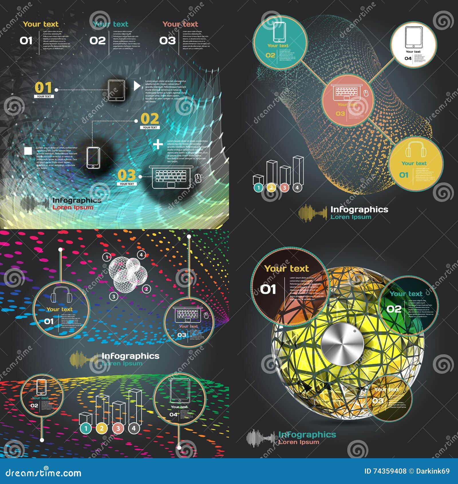 Set Infographics with Sound Waves on a Dark Background Stock Vector ...