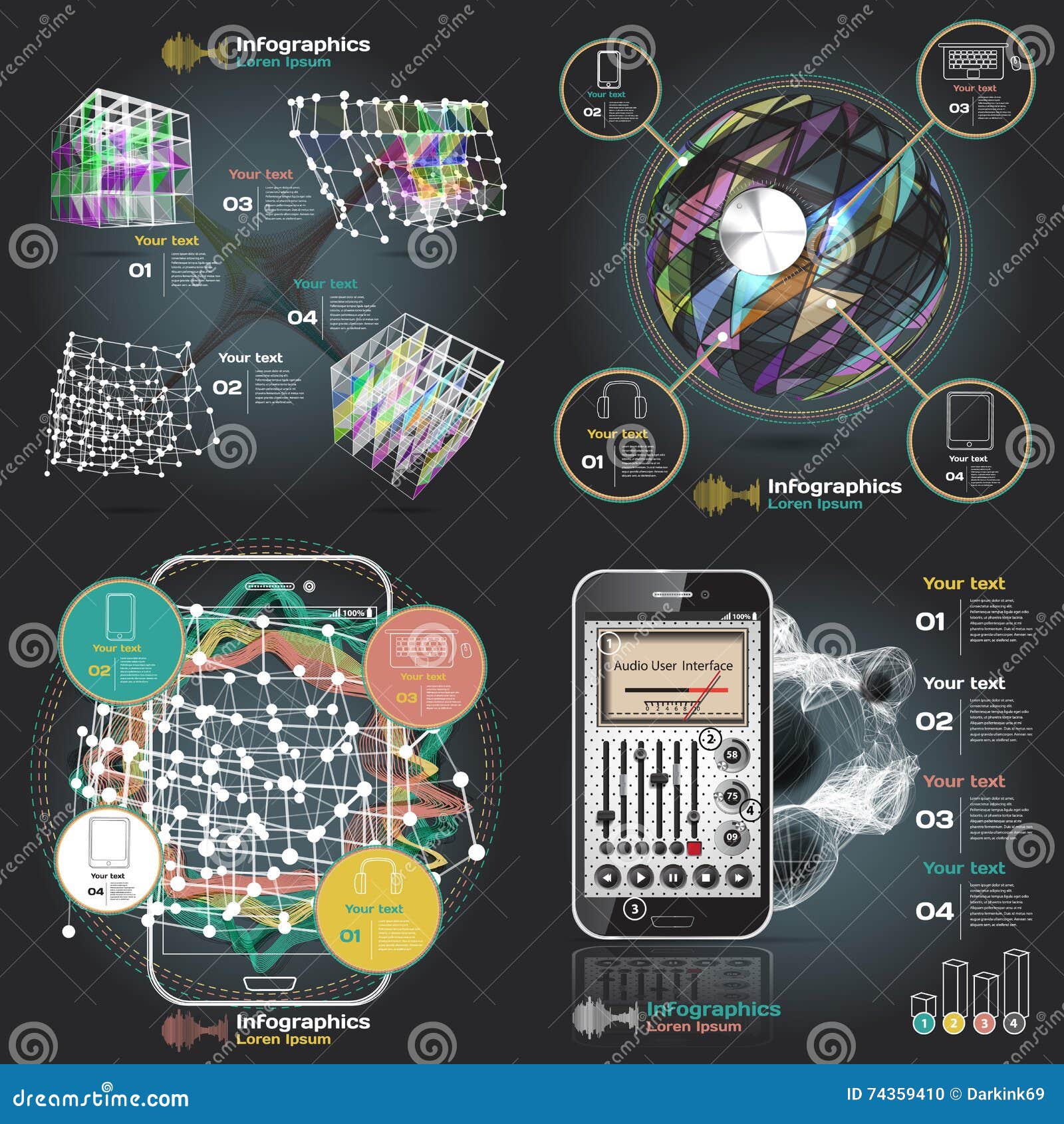 Set Infographics with Sound Waves on a Dark Background Stock Vector ...
