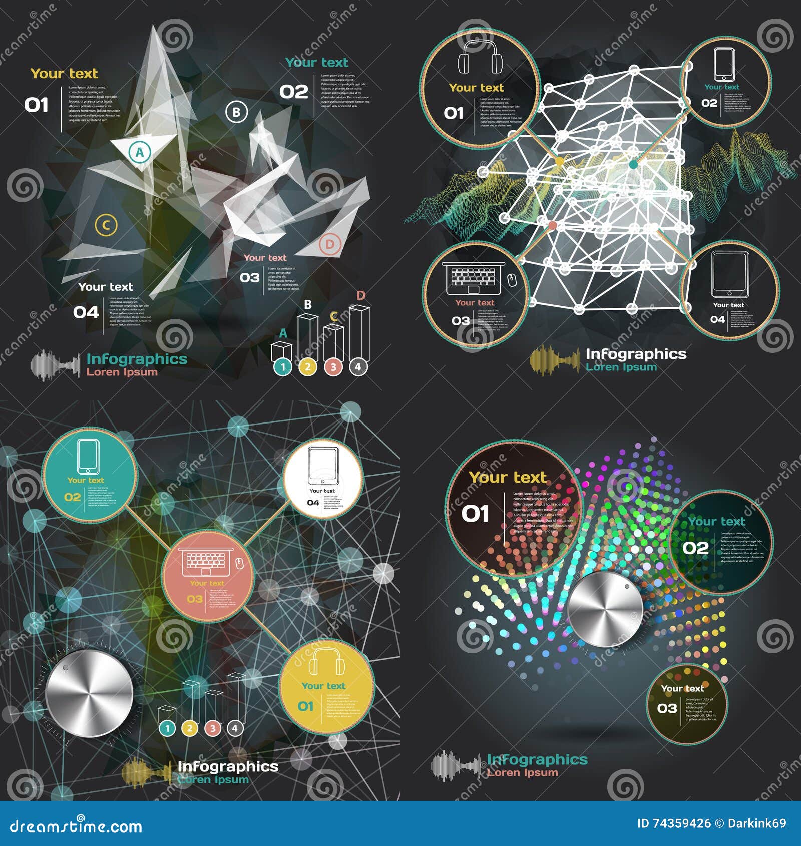 Set Infographics with Sound Waves on a Dark Background Stock Vector ...