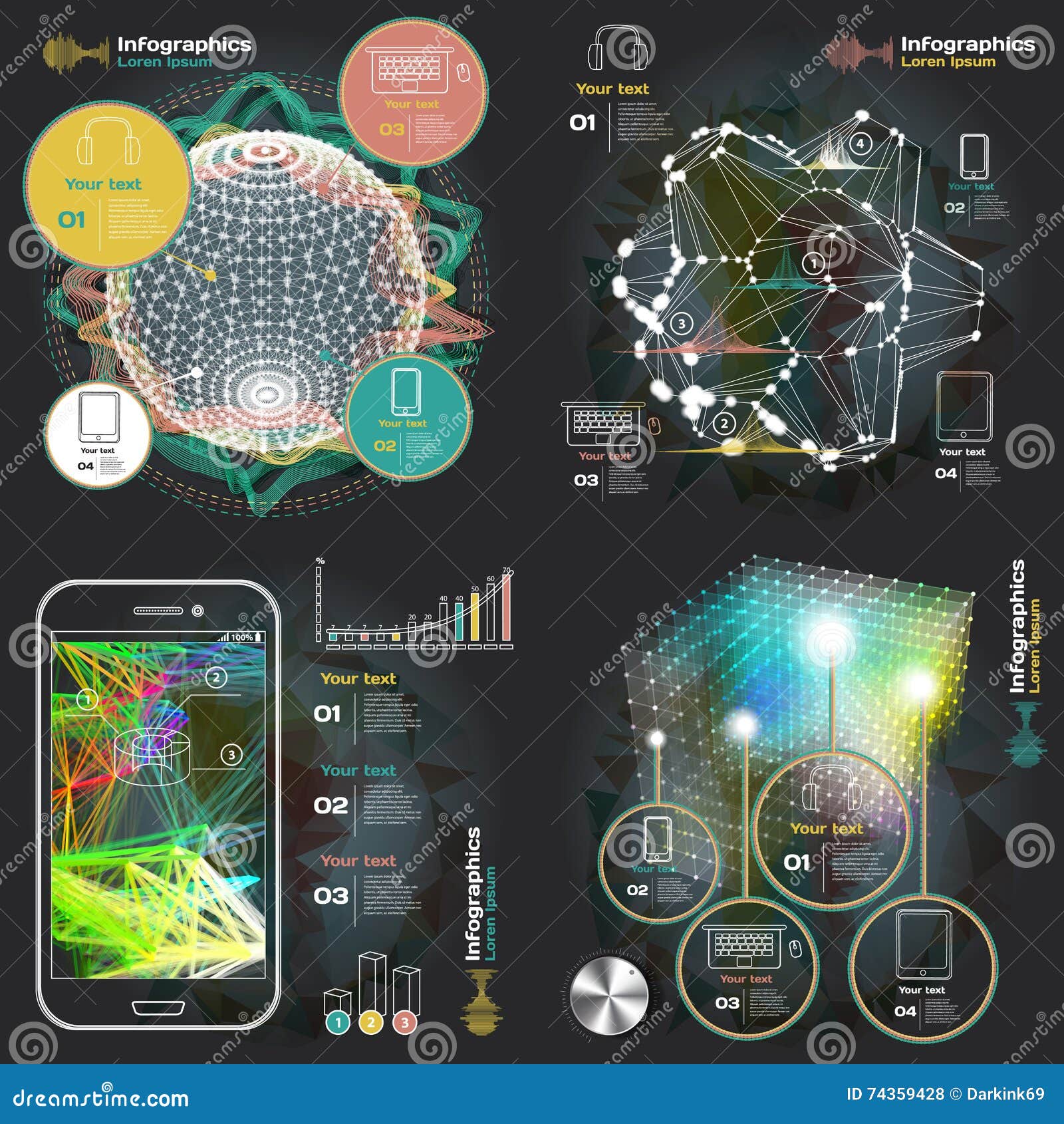 Set Infographics with Sound Waves on a Dark Background Stock Vector ...