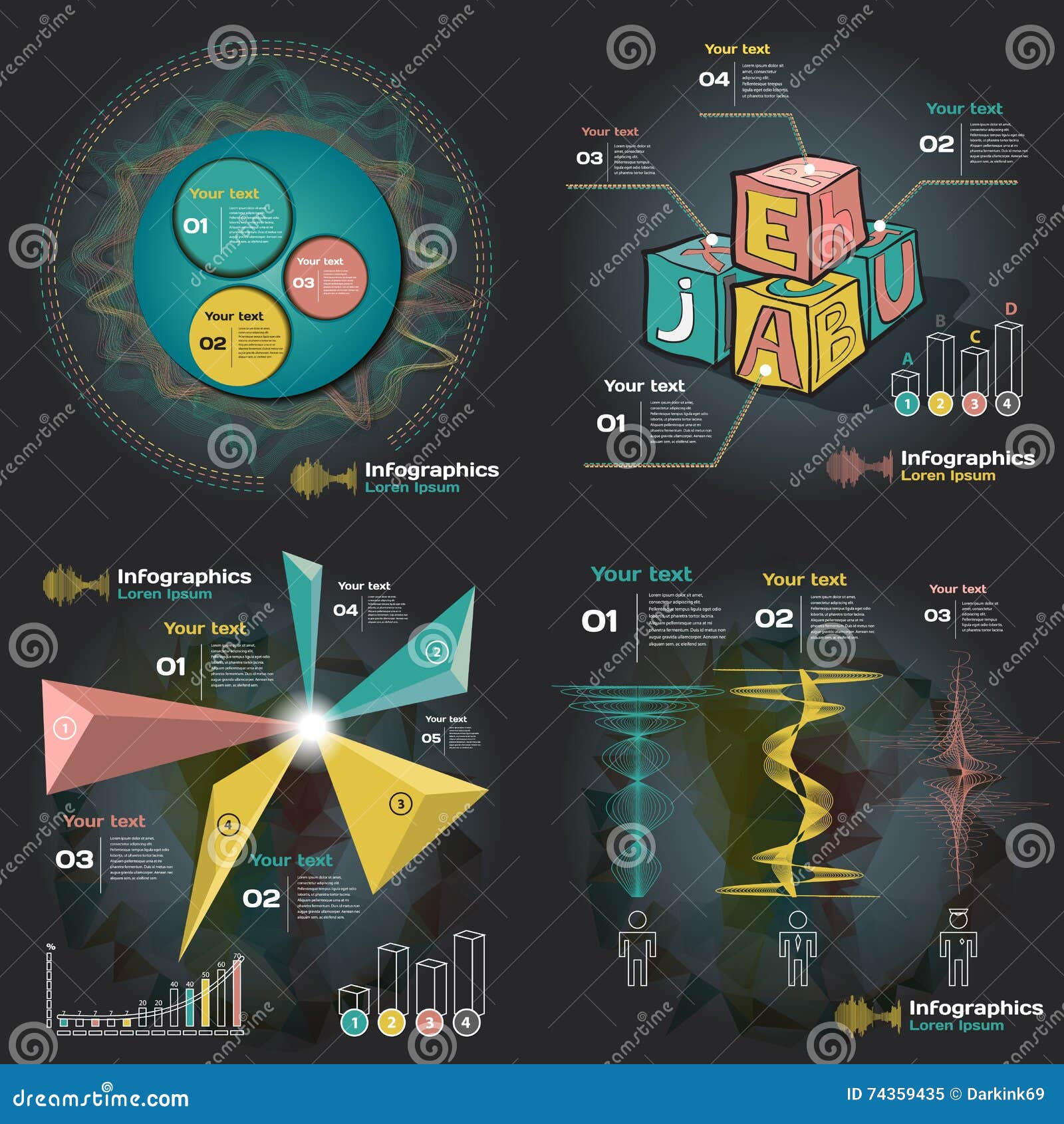 Set Infographics with Sound Waves on a Dark Background Stock Vector ...