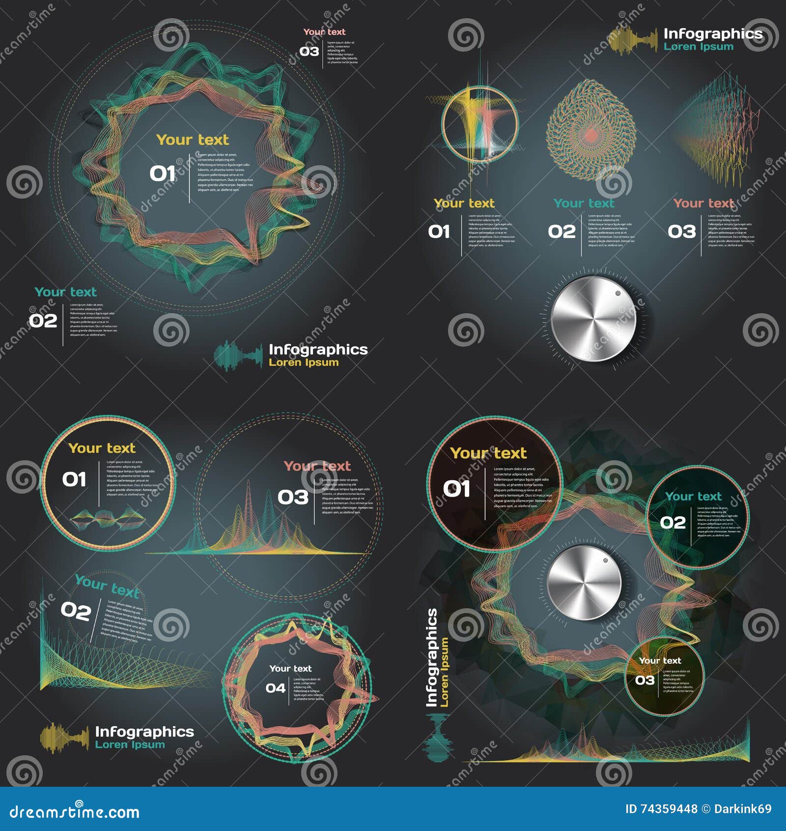 Set Infographics with Sound Waves on a Dark Background Stock Vector ...