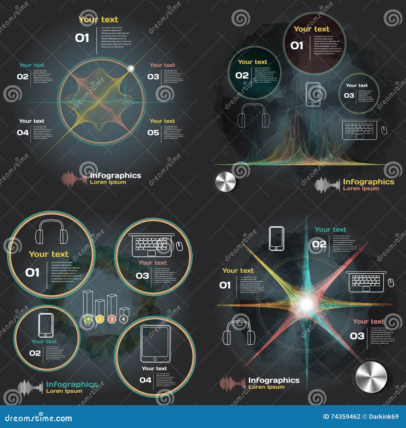 Set Infographics with Sound Waves on a Dark Background Stock ...