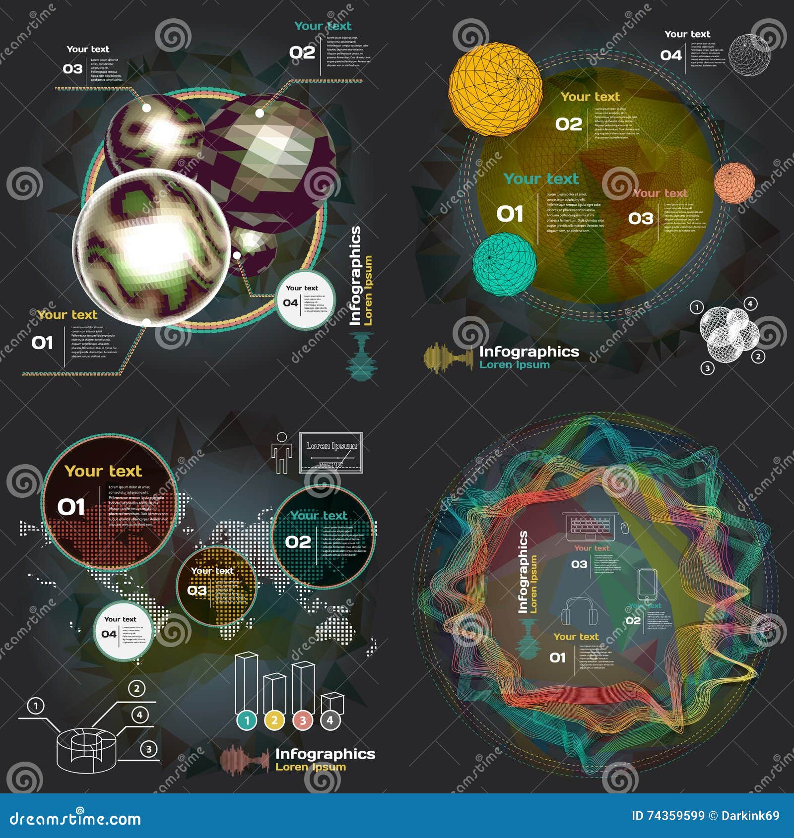 Set Infographics with Sound Waves on a Dark Background Stock ...