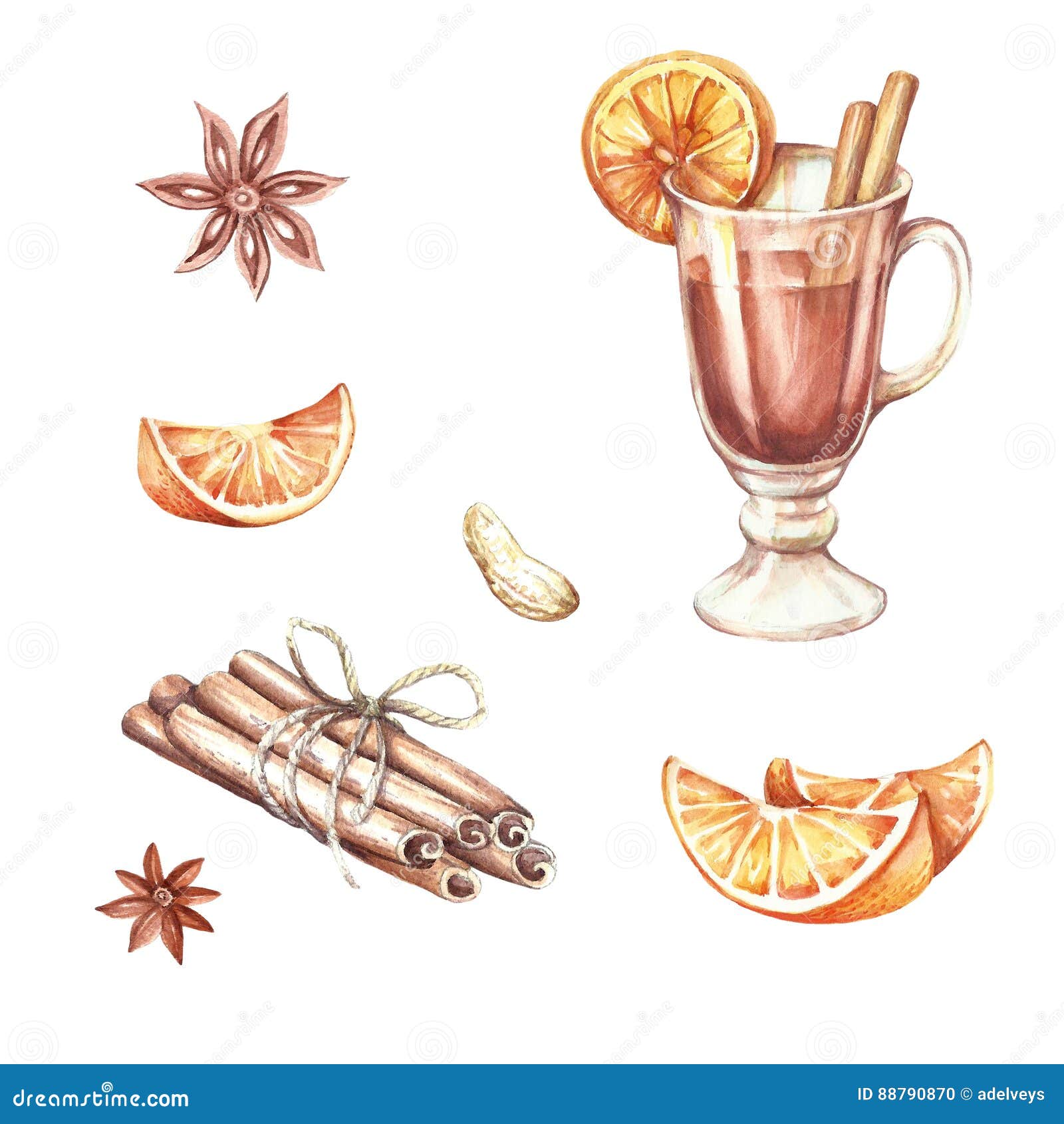 A Set of Ingredients for Mulled Wine. Hand Draw Watercolor Illustration ...