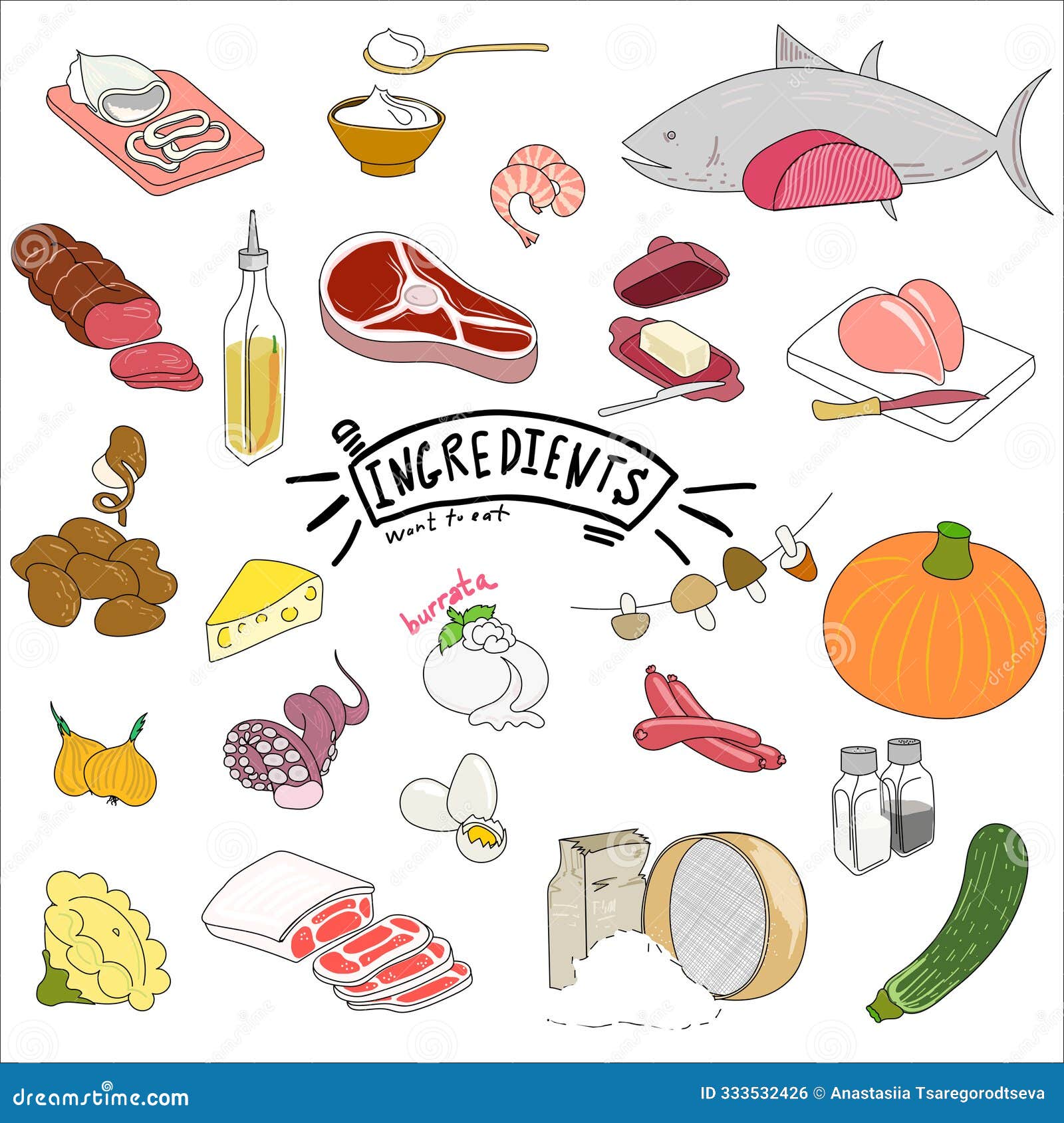 A Set of Ingredients for Preparing Stock Illustration - Illustration of ...