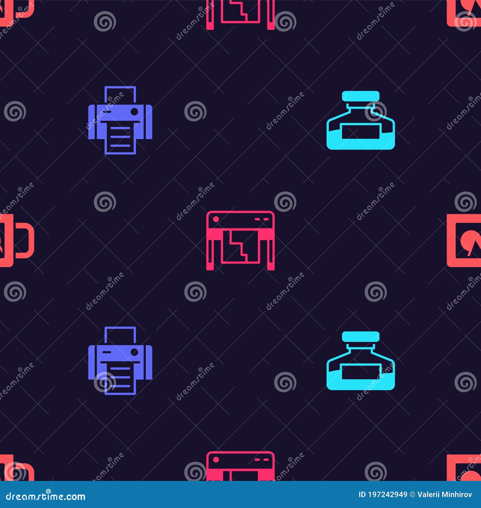 Set Ink Bottle, Printer, Plotter and Coffee Cup on Seamless Pattern ...