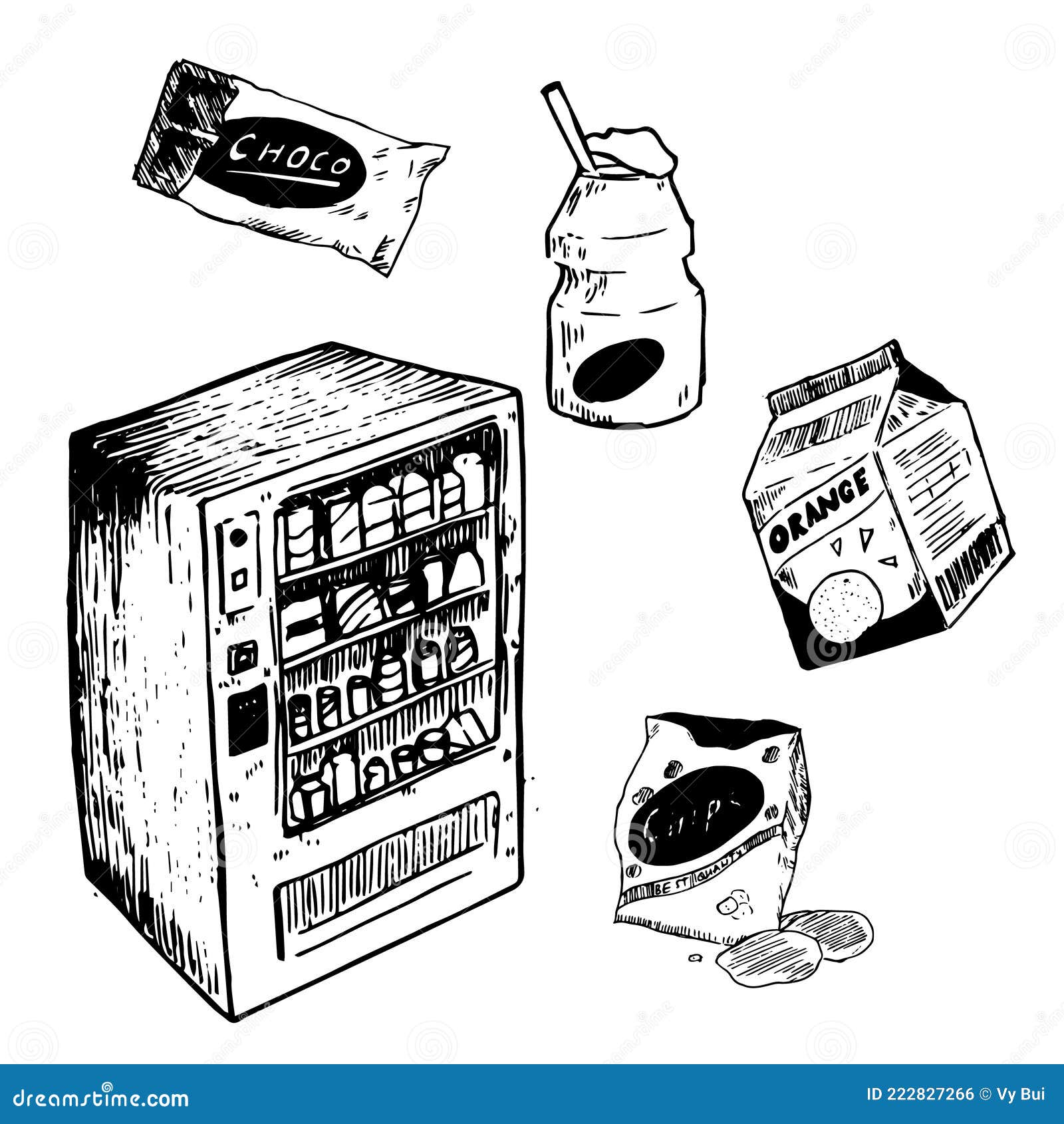 Vending Machine and Snacks Ink Illustrations. Chocolate Bars, Drinks ...