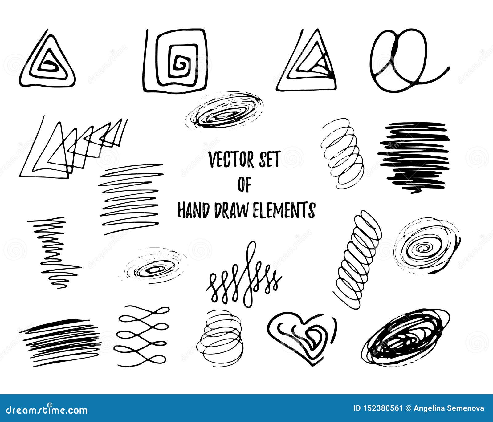 Set of Ink Hand Draw Elements Square, Triangle, Circle, Heart, Spots ...