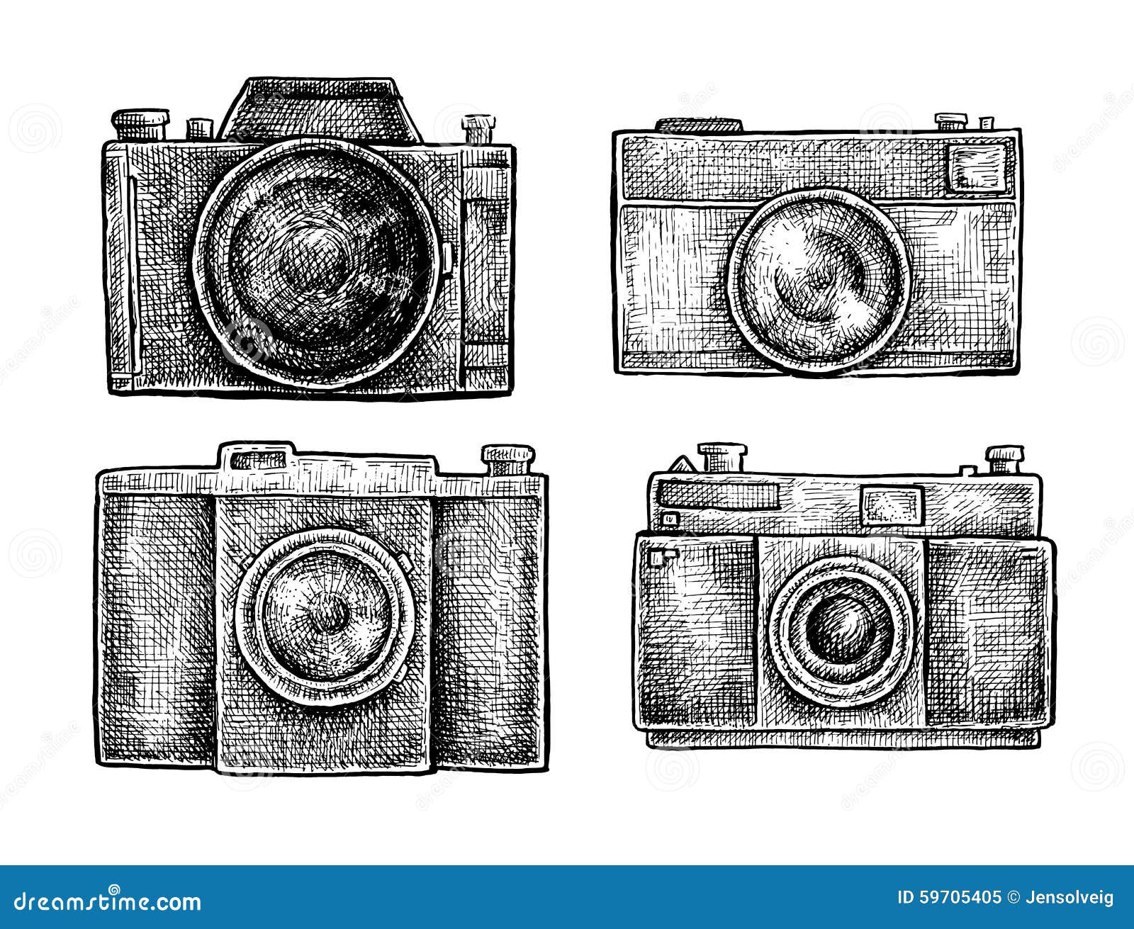 Set of Ink Hand Drawn Vintage Cameras Sketches Stock Vector ...