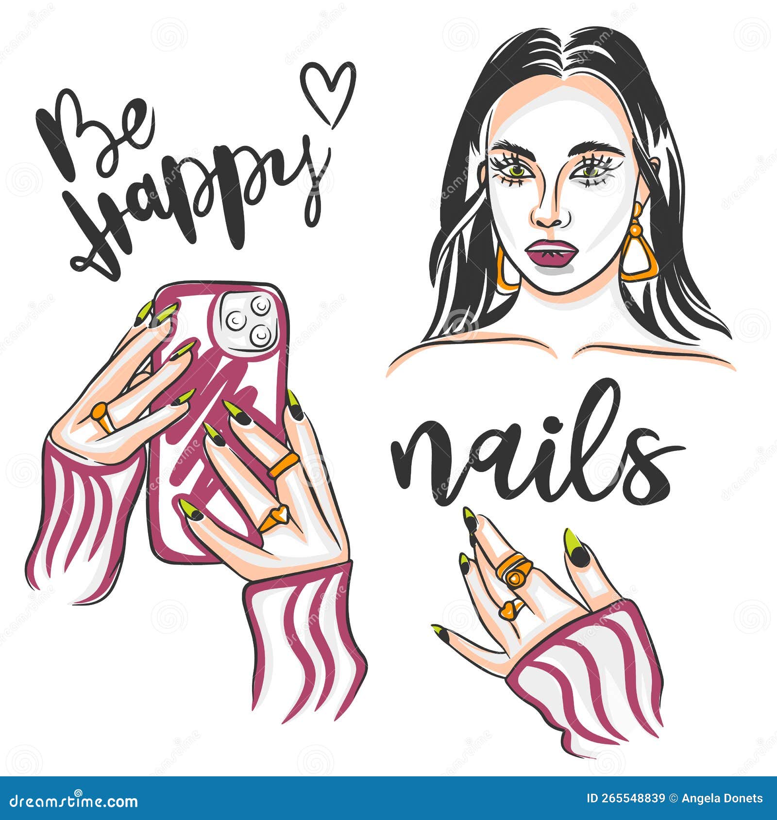 Set with Inscriptions, Manicure with Long Nails, Concept Stock Vector ...