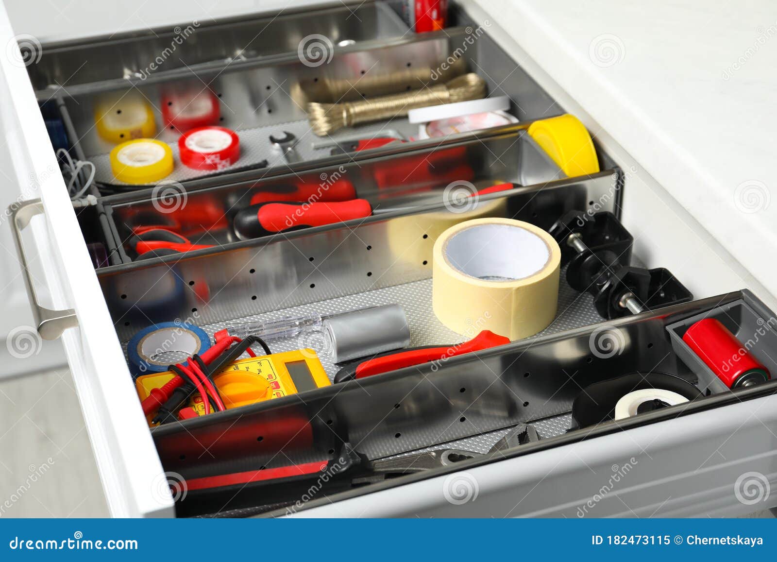 Set of Instruments in Open Desk Drawer Stock Image - Image of element ...