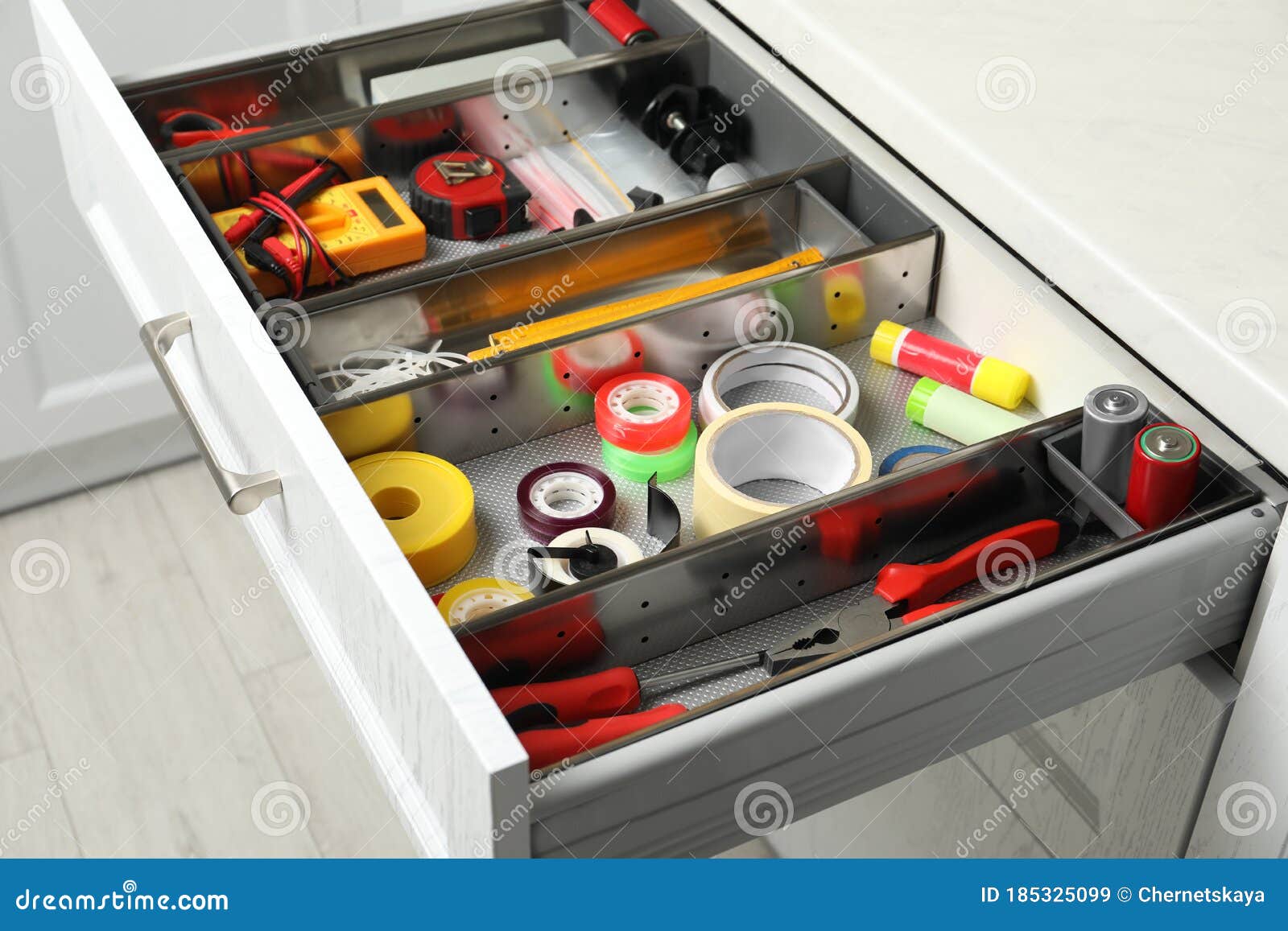 Set of Instruments in Open Desk Drawer Stock Image - Image of detail ...