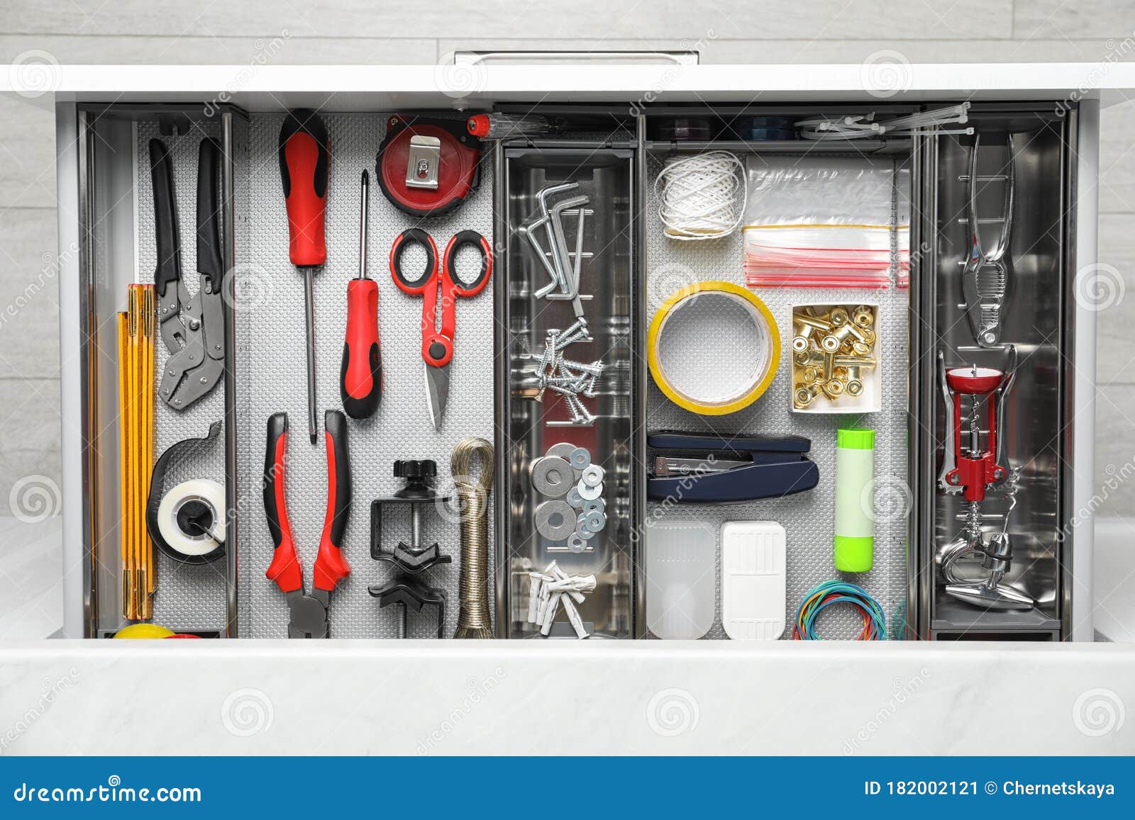 Set of Instruments in Open Desk Drawer Stock Image - Image of detail ...