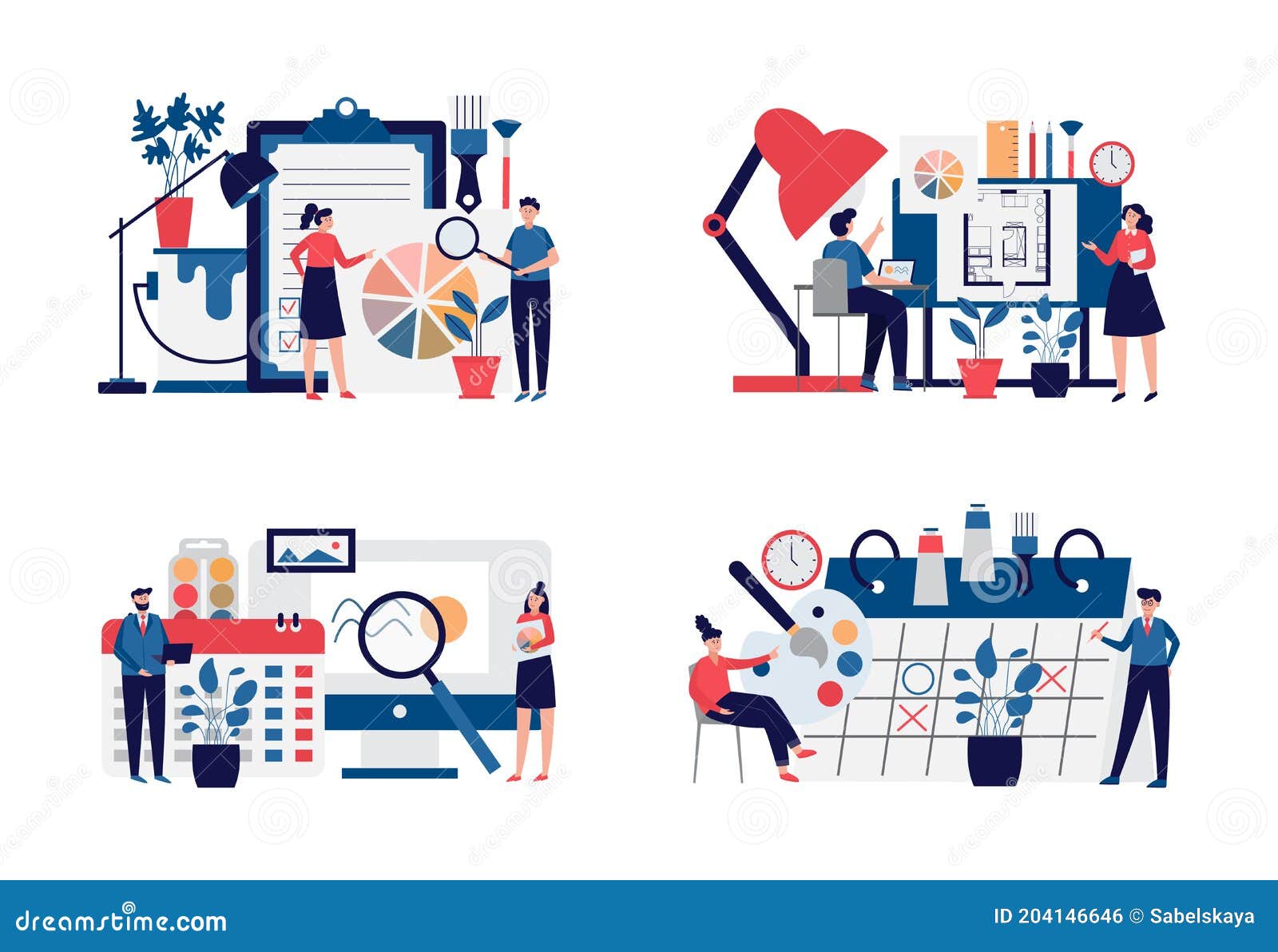 Set Interior Designers Work on Design Project Flat Vector Illustration ...