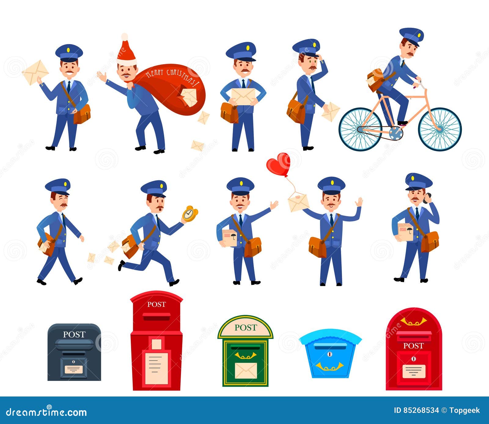 Postman Characters In Different Situations Set. Mailmen In Different ...