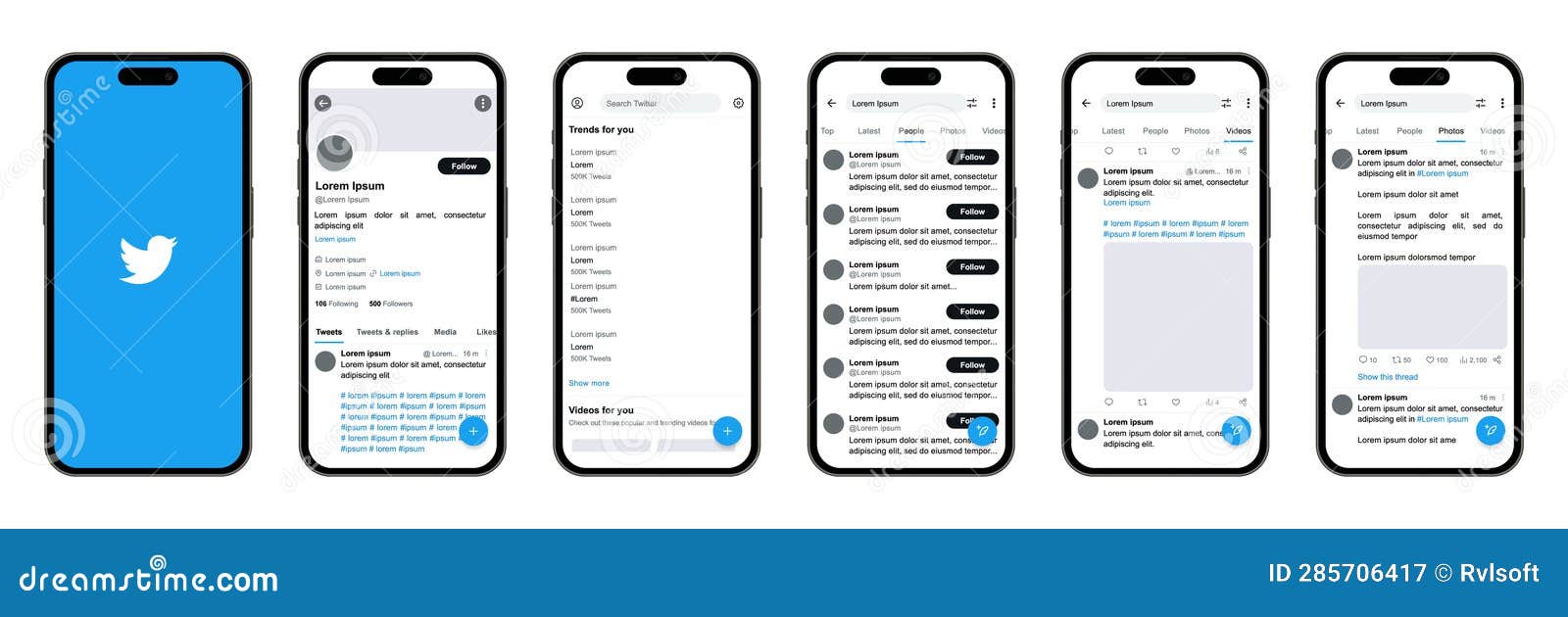 Set of IPhone 14 Pro Smart Phones with Twitter UI Templates on White ...
