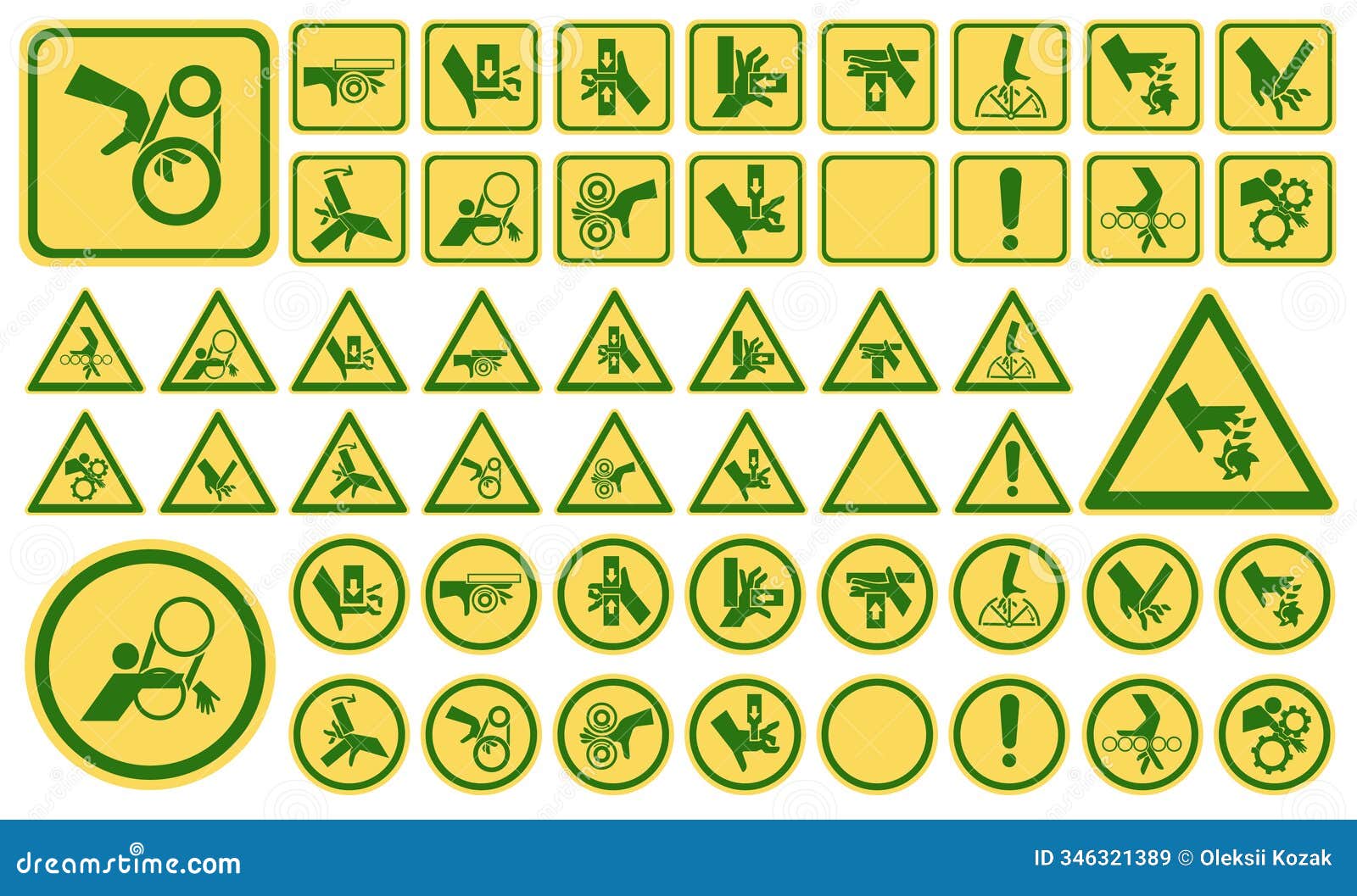 Set of ISO Warning Signs: Hand Crushing Force. Be Attentive. Hand ...