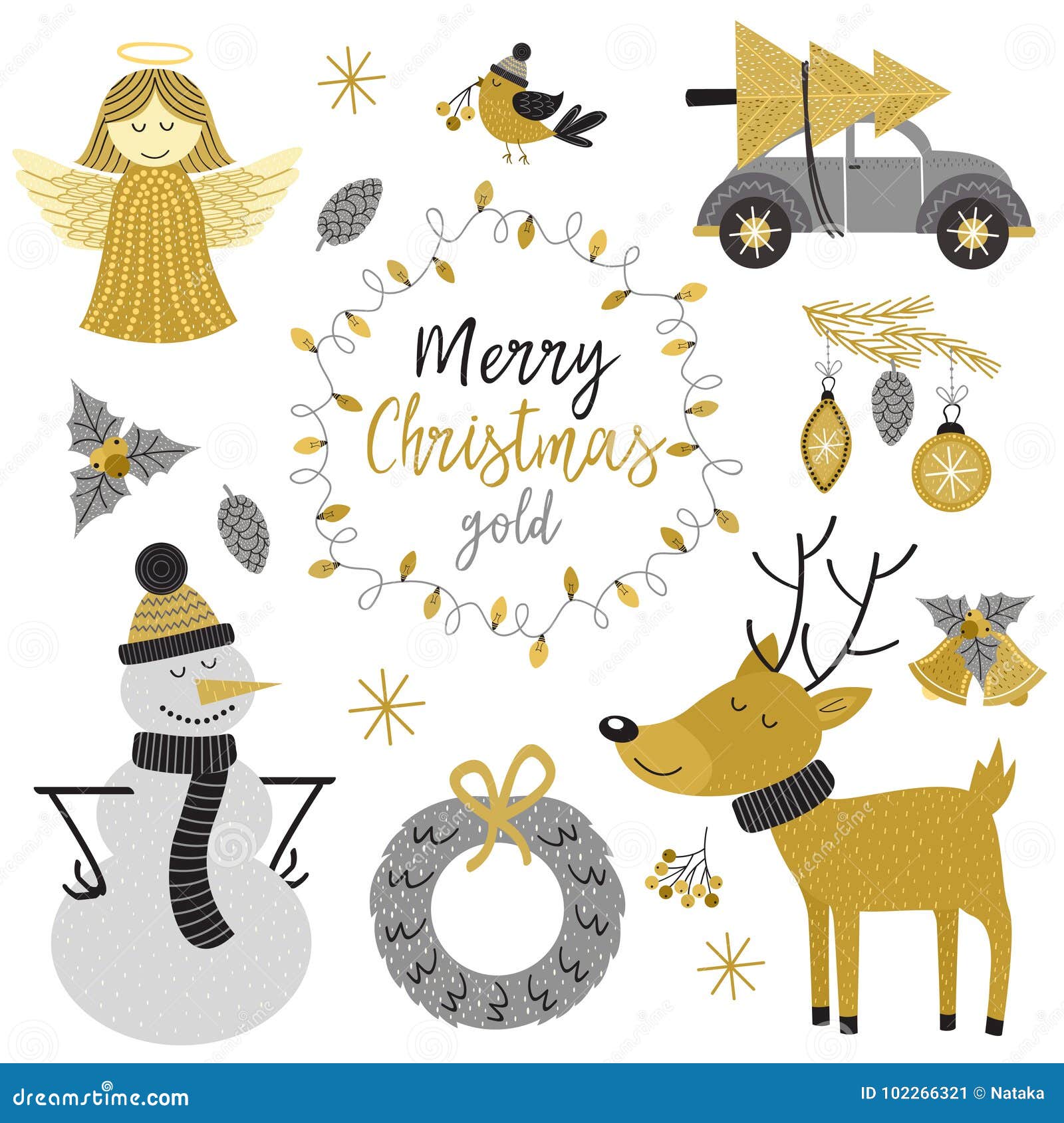 Set of Isolated Christmas Gold Characters and Elements Stock Vector ...